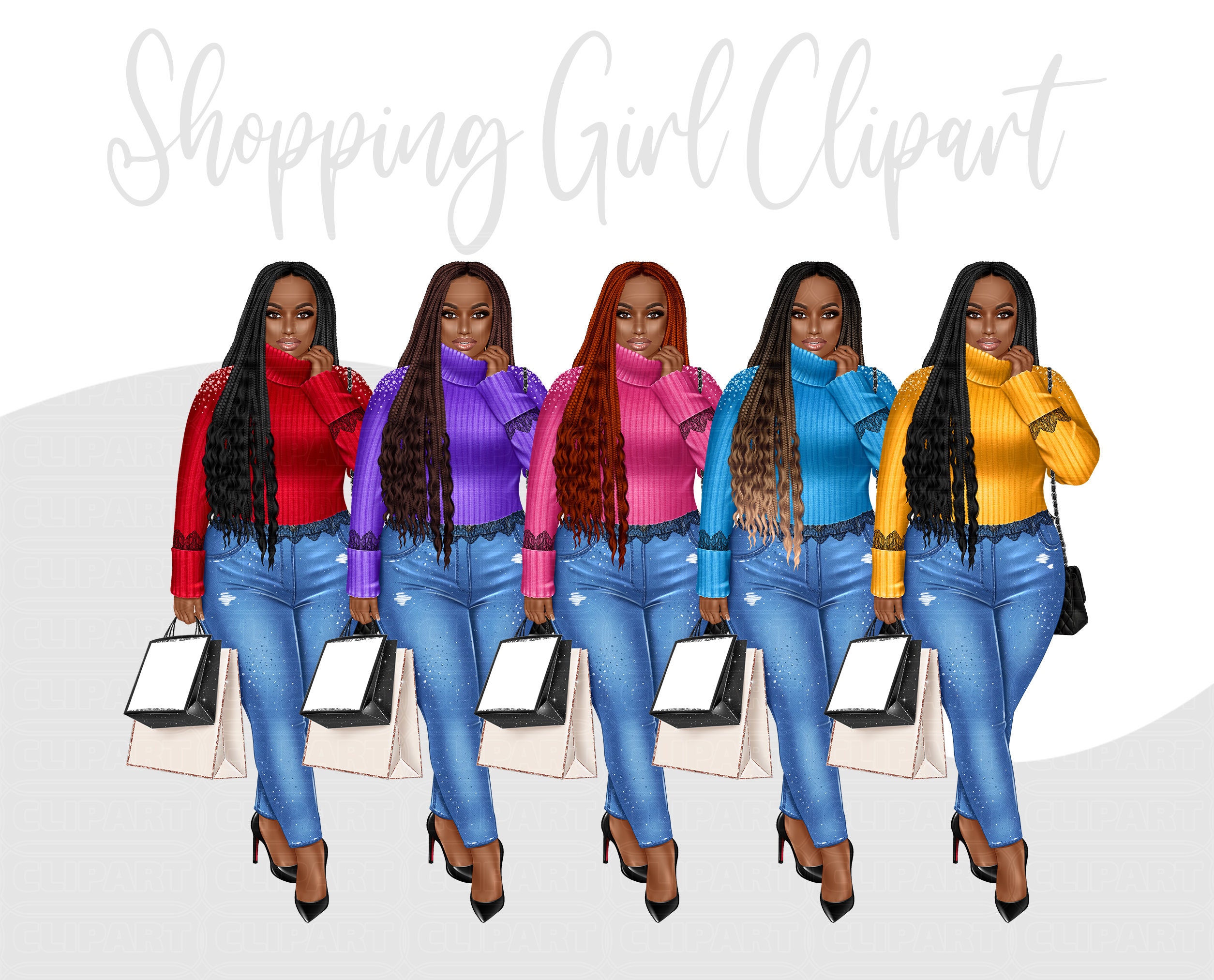 Shopping Girl Clipart Bundle Curvy Girl Clipart, African American Girl ...