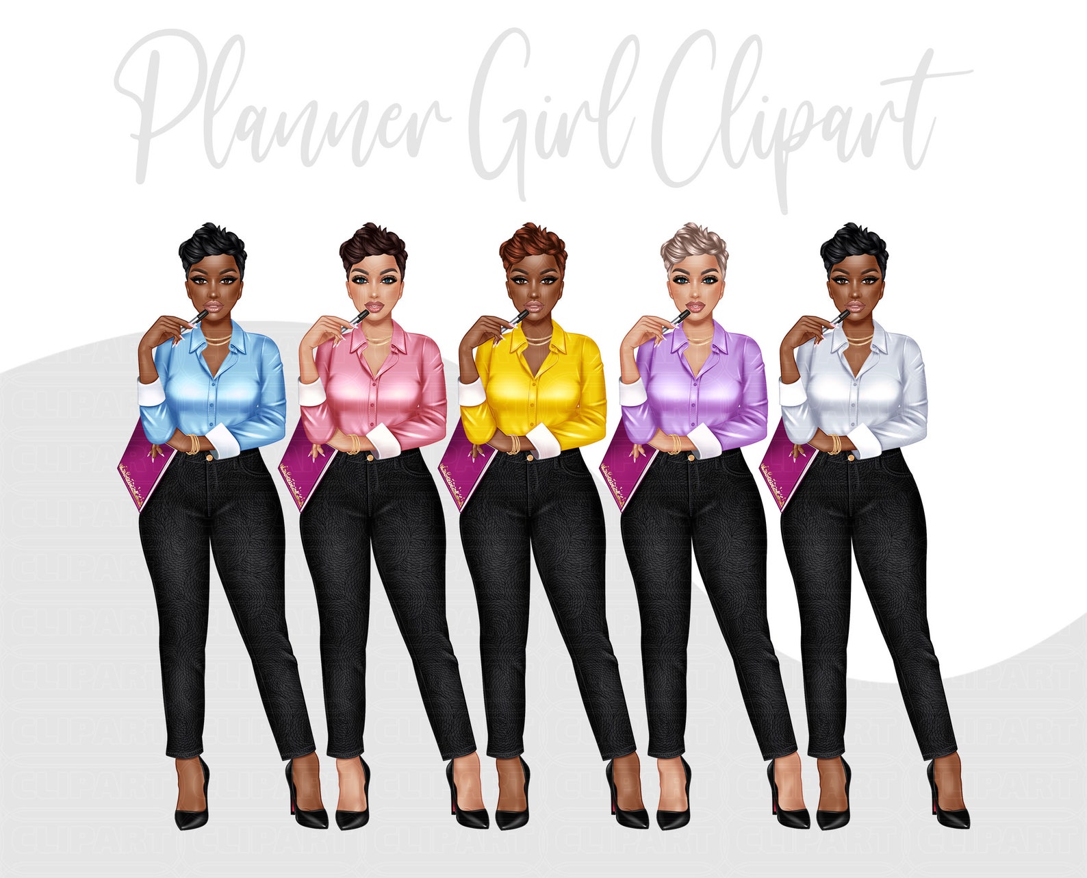 African American Planner Girl Clipart Bundle, Office Girl Clipart ...