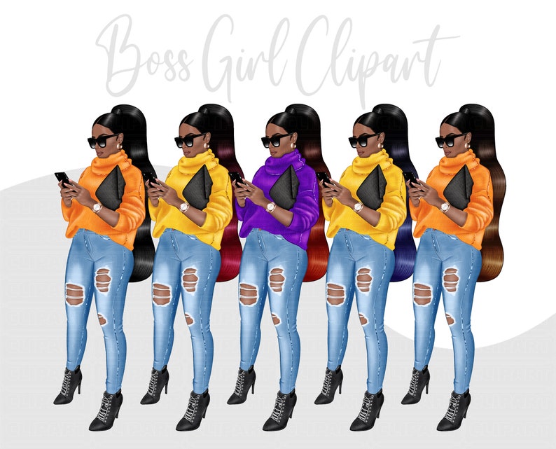 Busy Girl Clipart, Girl Boss PNG, African American Boss Girl Fashion ...