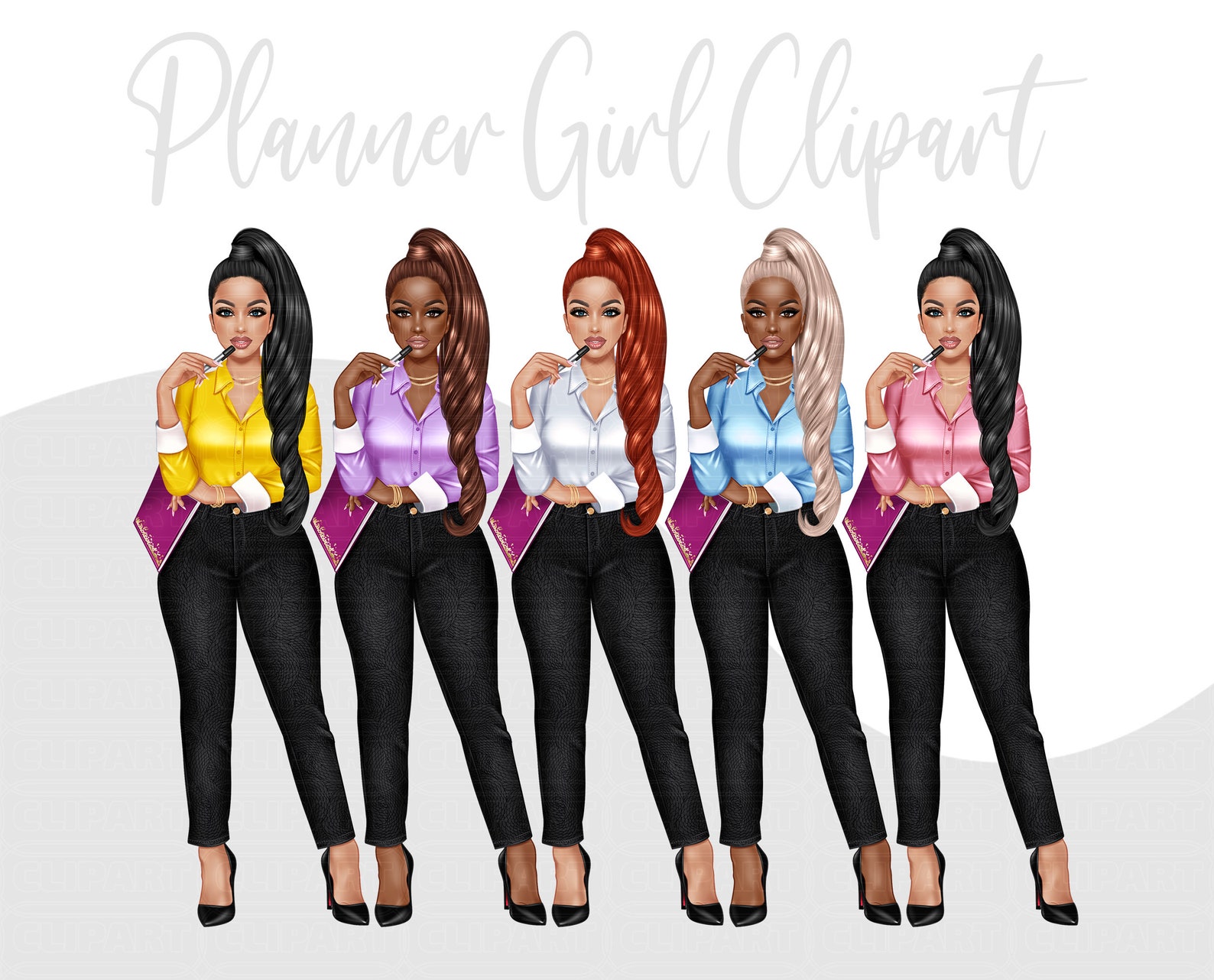 African American Planner Girl Clipart Bundle, Office Girl Clipart ...