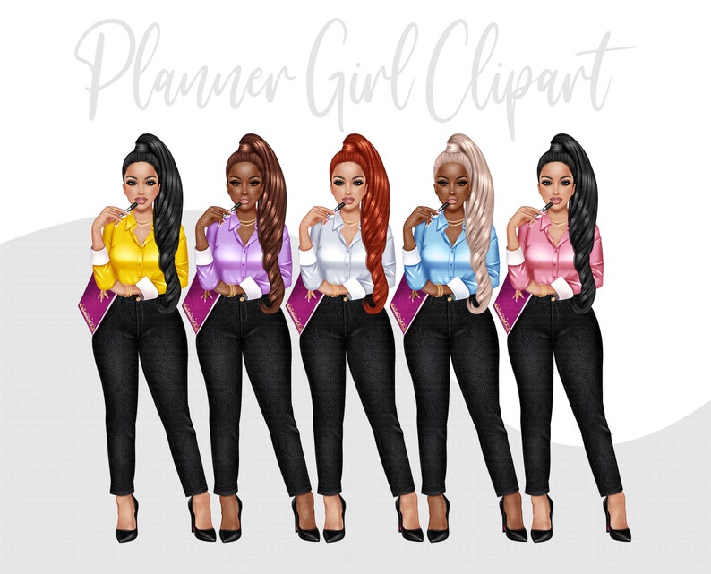 African American Planner Girl Clipart Bundle, Office Girl Clipart ...