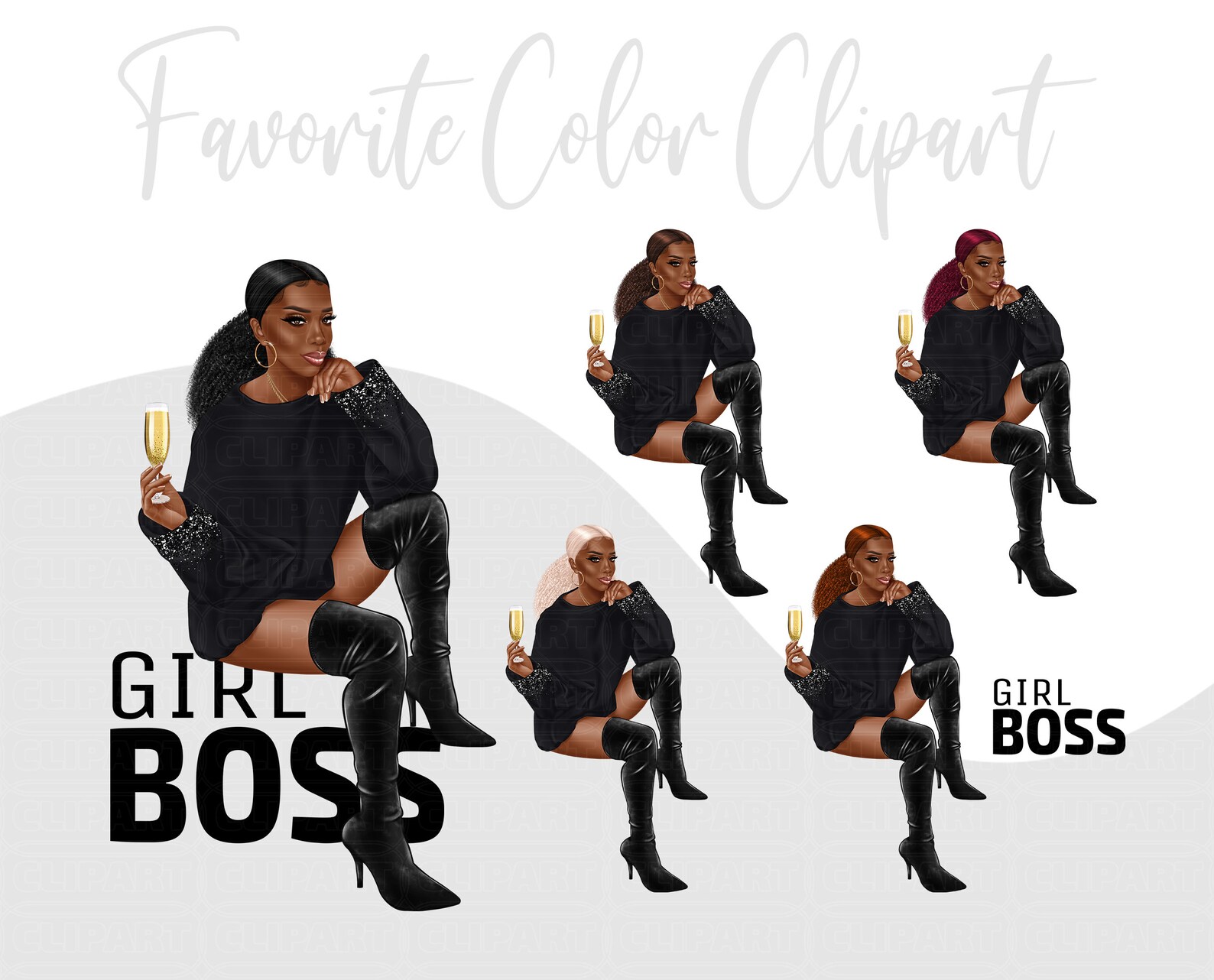 Lady in Black Clothes Clipart Bundle African American Girl PNG, Afro ...