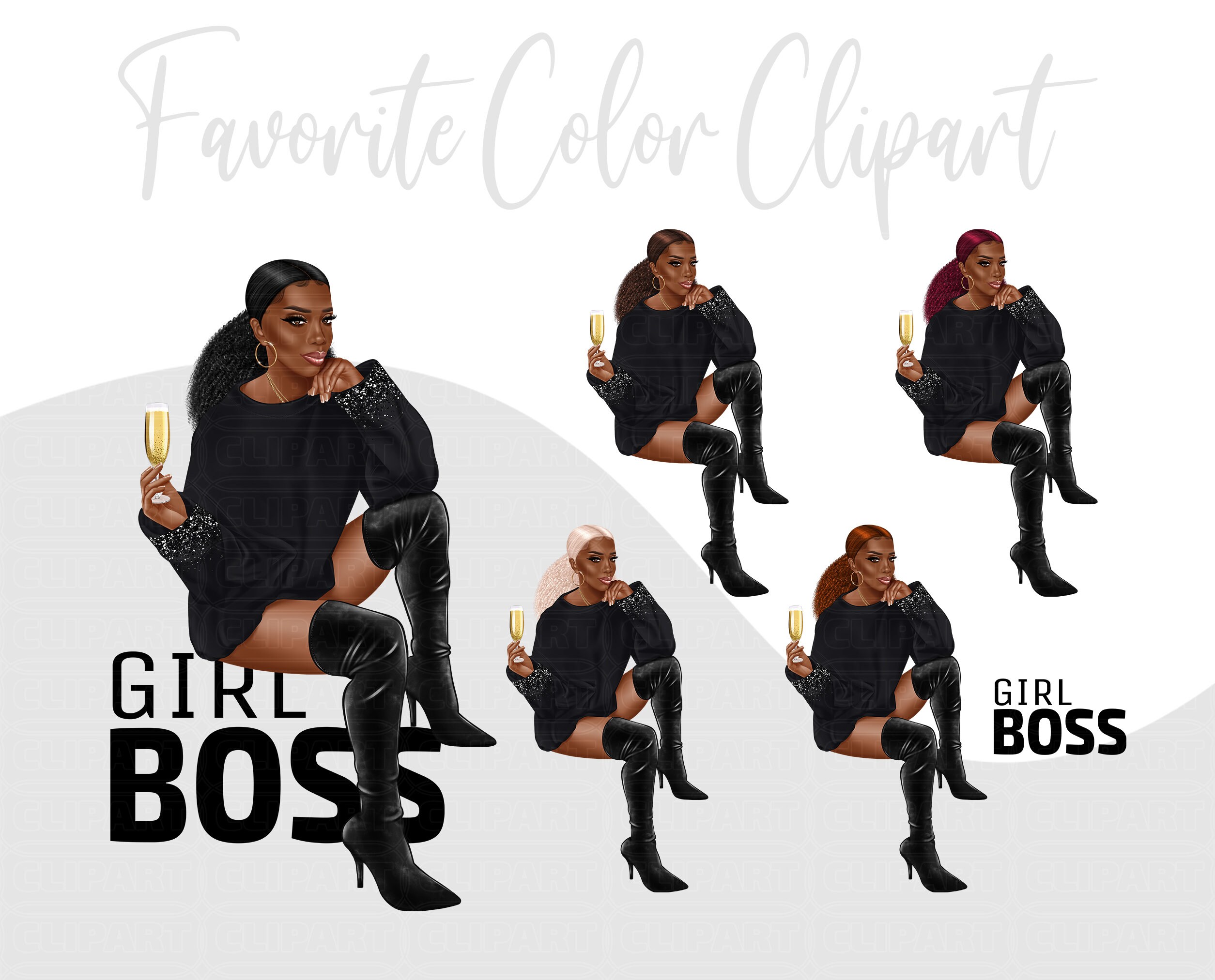 Lady in Black Clothes Clipart Bundle African American Girl PNG, Afro ...