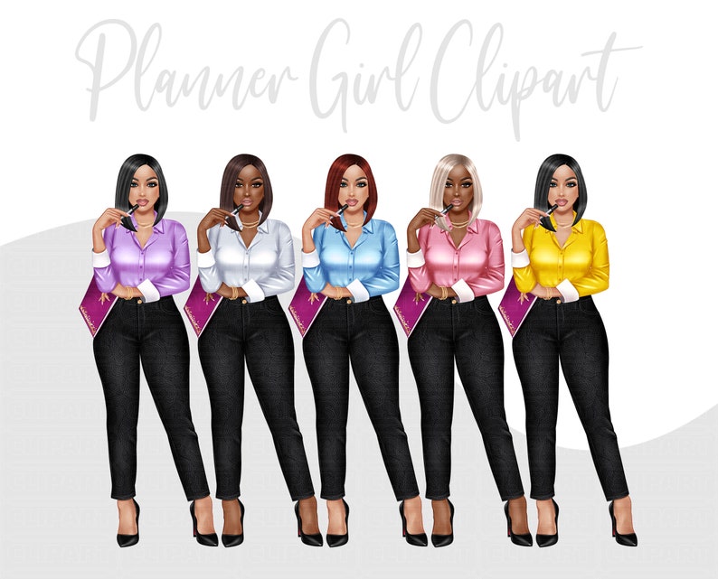African American Planner Girl Clipart Bundle, Office Girl Clipart ...