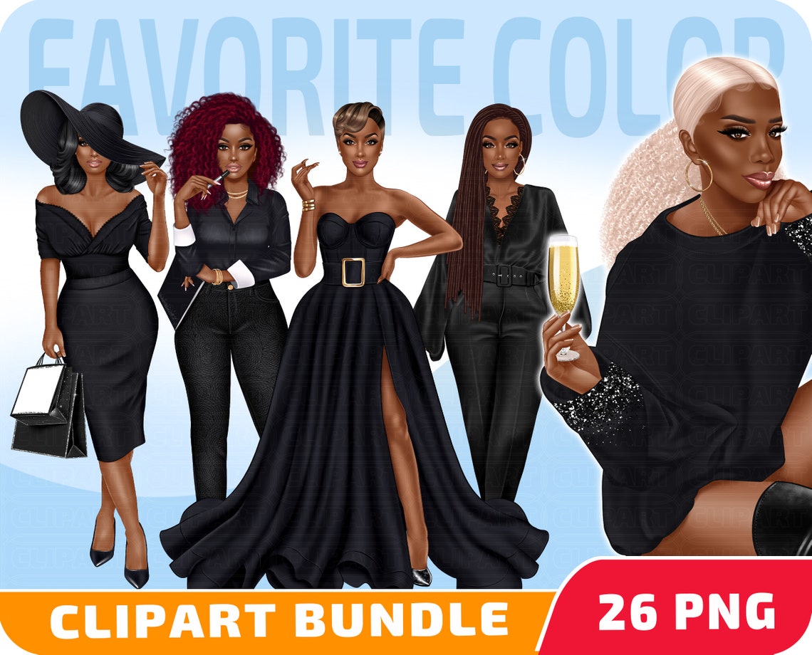 Lady in Black Clothes Clipart Bundle African American Girl PNG, Afro ...