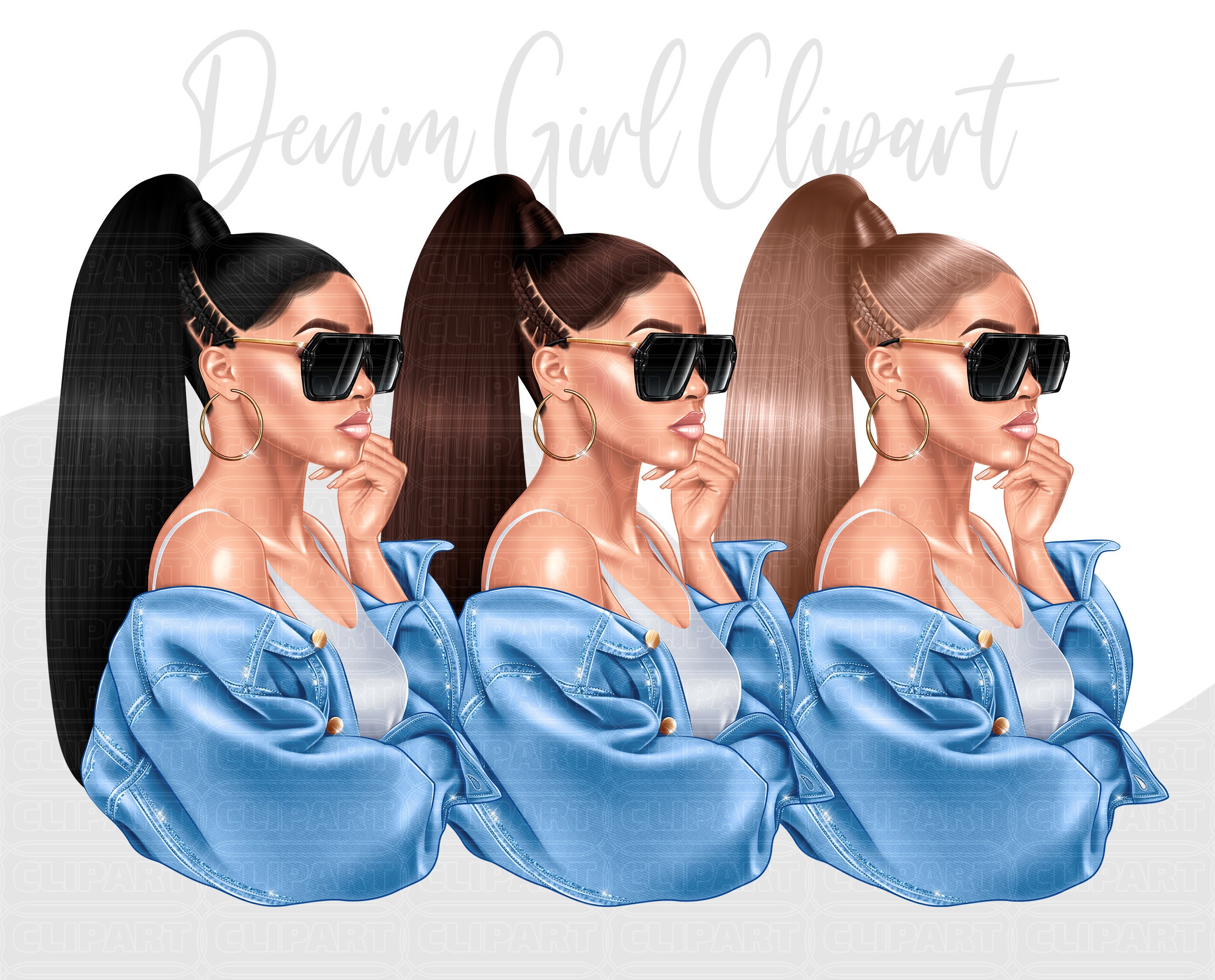 Denim Girl Clipart Set - Fashion Girl Clipart, Denim Jacket PNG, Boss ...
