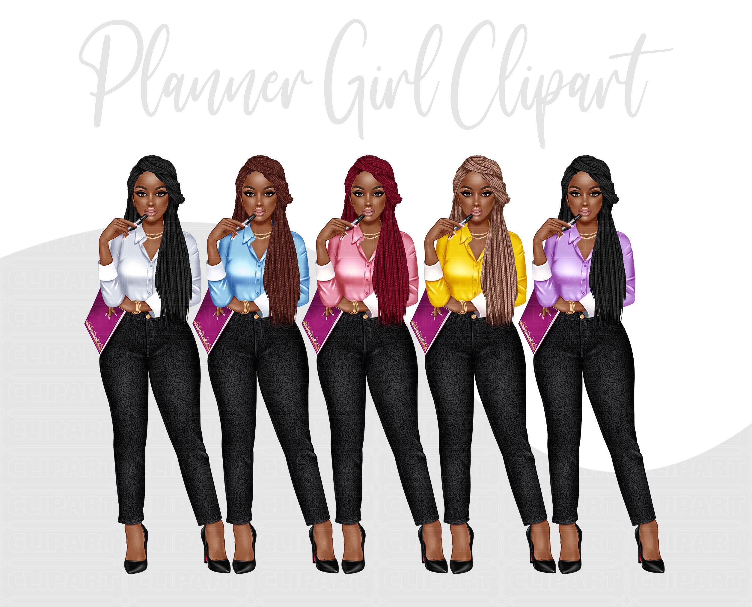 African American Planner Girl Clipart Bundle, Office Girl Clipart ...