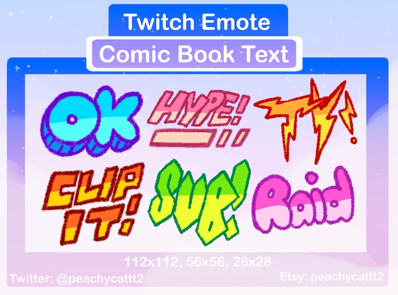 6 Premium Comic Text Cute Kawaii Emotes, OK, SUB, RAID, Twitch, Discord ...