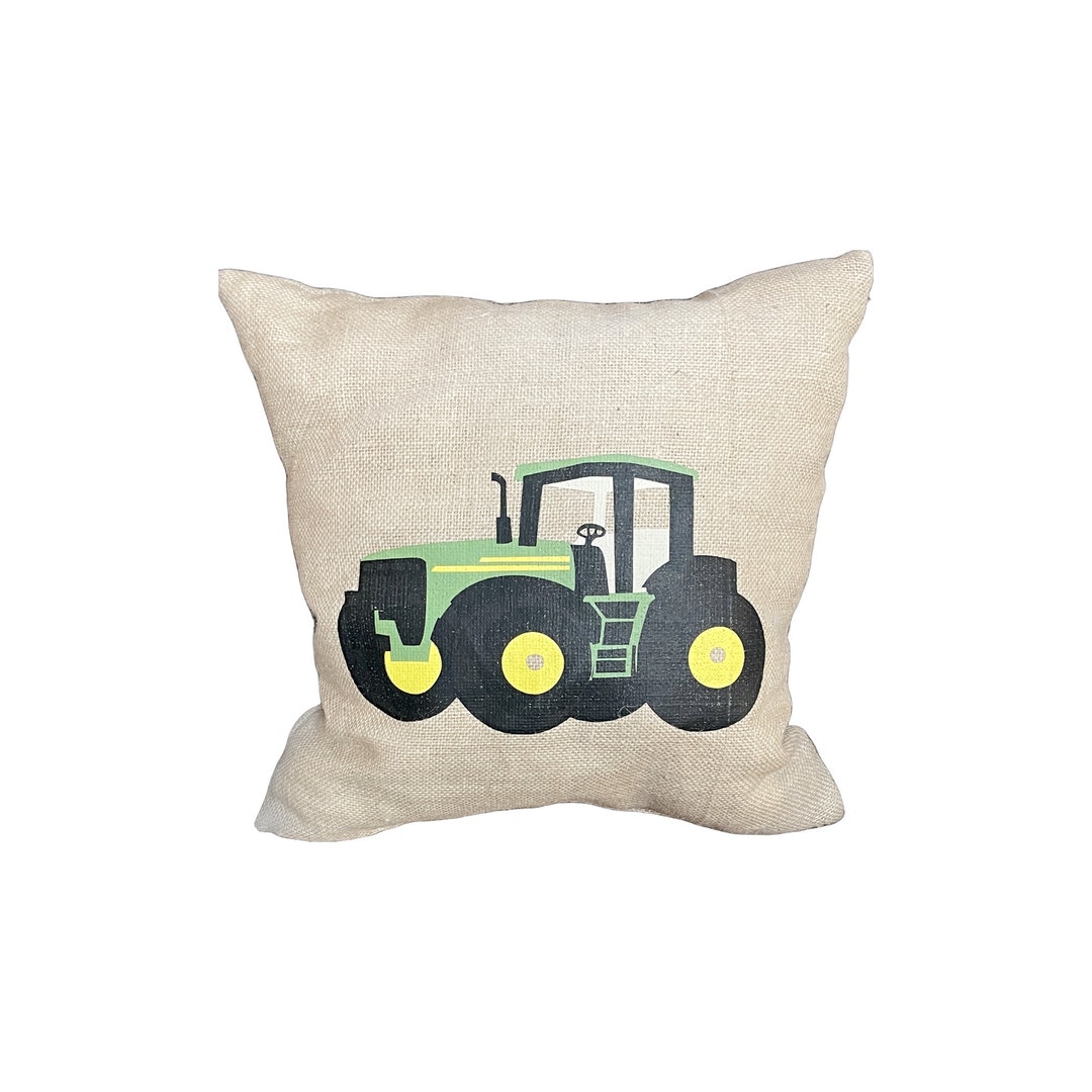 Green Tractor Square Burlap Pillow - Etsy