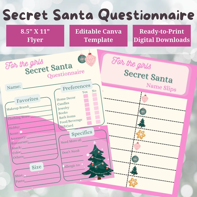 Secret Santa Questionnaire - for the Girls - Etsy