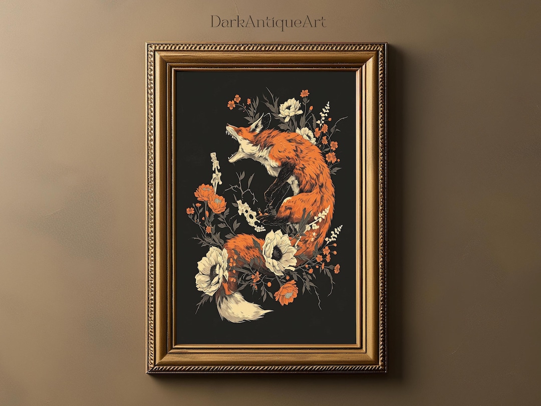 Macabre Fox Amidst Dark Floral Bloom: Gothic Nature Art, Creepy Aesthetic Wall Decor, Printable ...