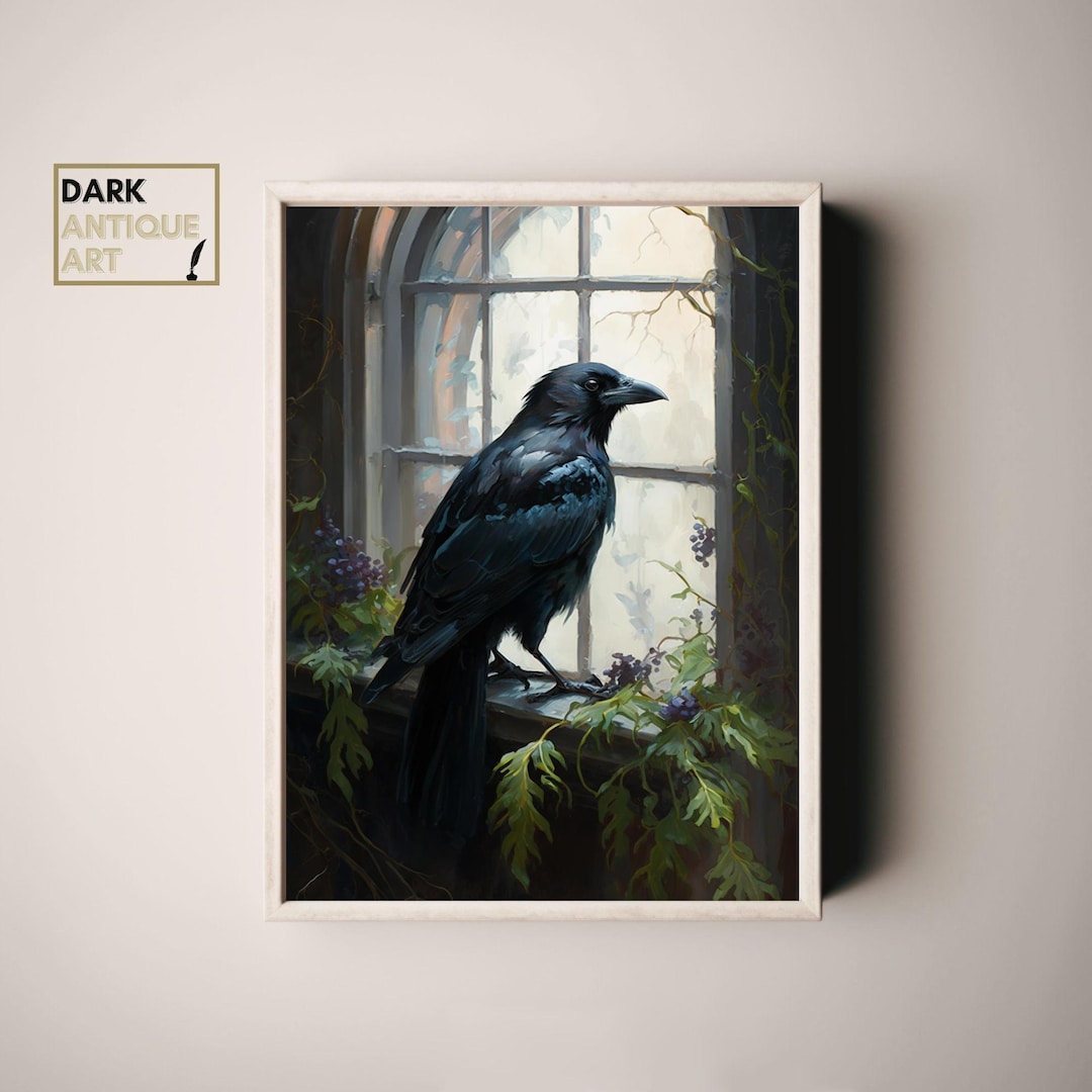 Vintage Raven Oil Painting Dark Academia Raven Art Crow Wall Art Dark ...