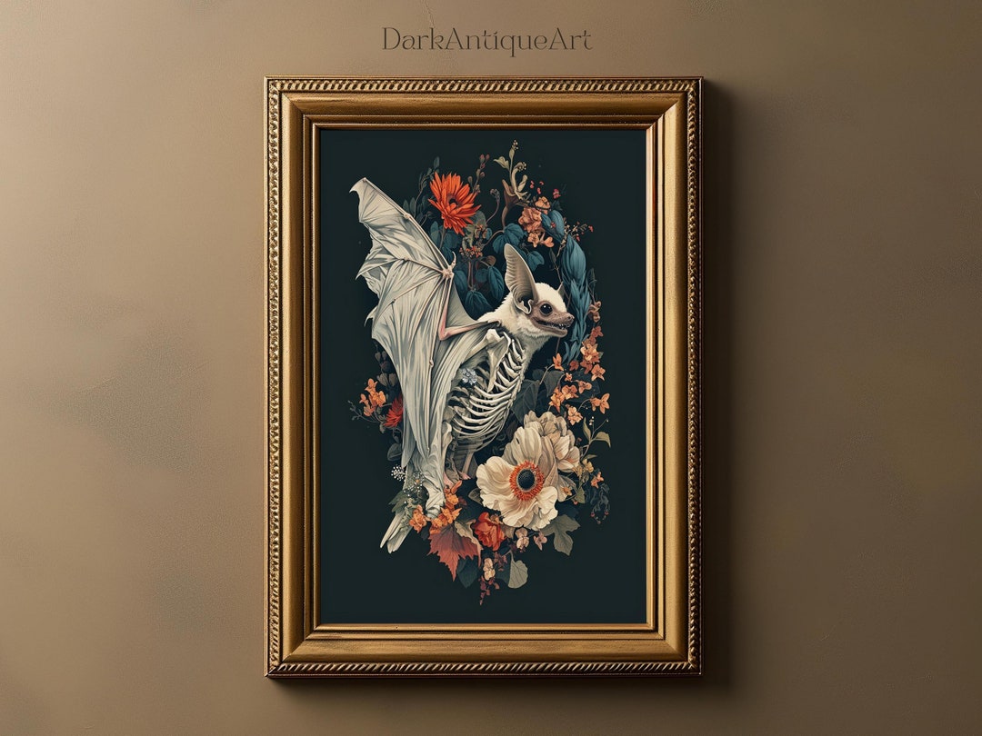 Macabre Bat Amidst Dark Floral Bloom: Occult-inspired Gothic Wall Art ...