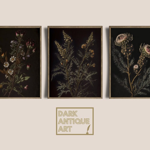 Dark Botanical Gallery Wall Art Moody Floral Print Set 3 - Etsy