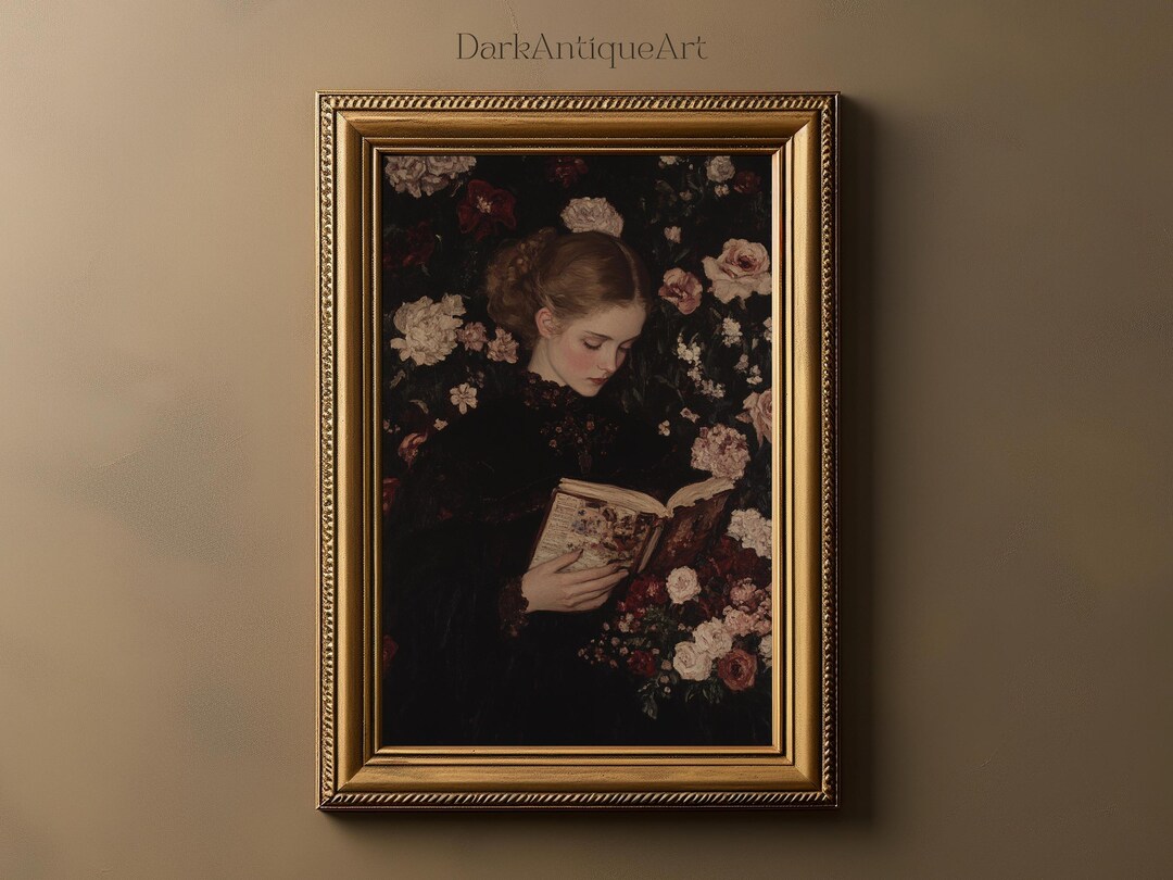 Enchanted Reader | Dark Academia Floral Print, Romantic Book Lover Wall Art, Gothic Home Decor ...