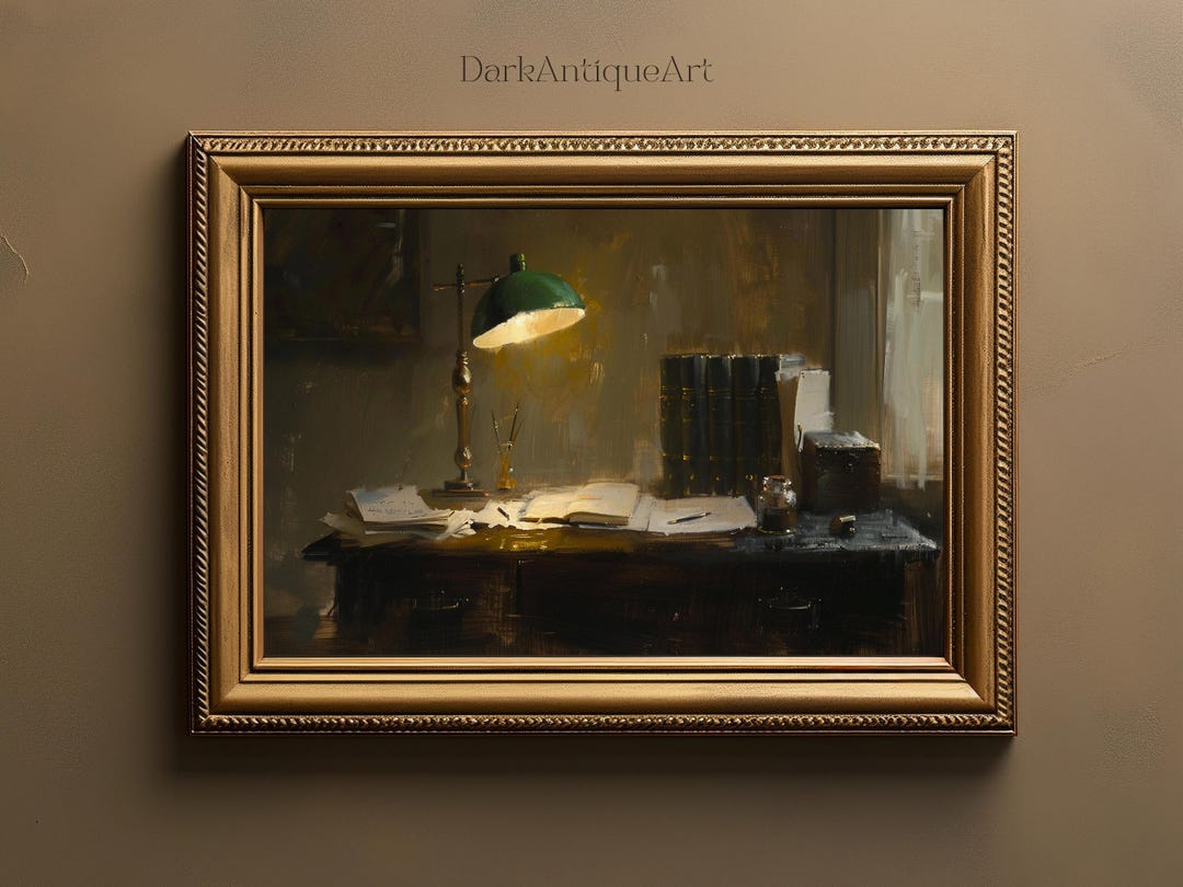 Vintage Study Room Dark Academia Oil Painting Green Lamp Books Desk Art ...