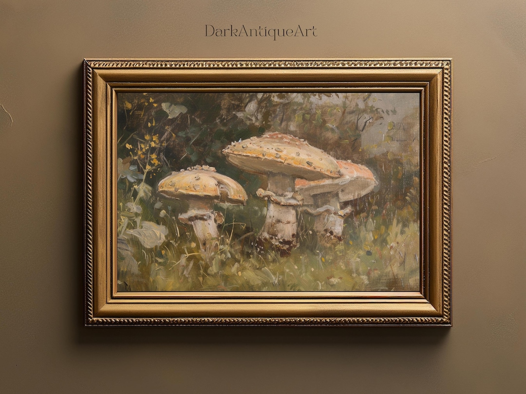 Vintage Mushroom Oil Painting Rustic Fungi Wall Art Botanical Print ...