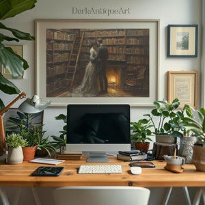 Library Embrace: Dark Academia Vintage Painting Printable, Moody ...