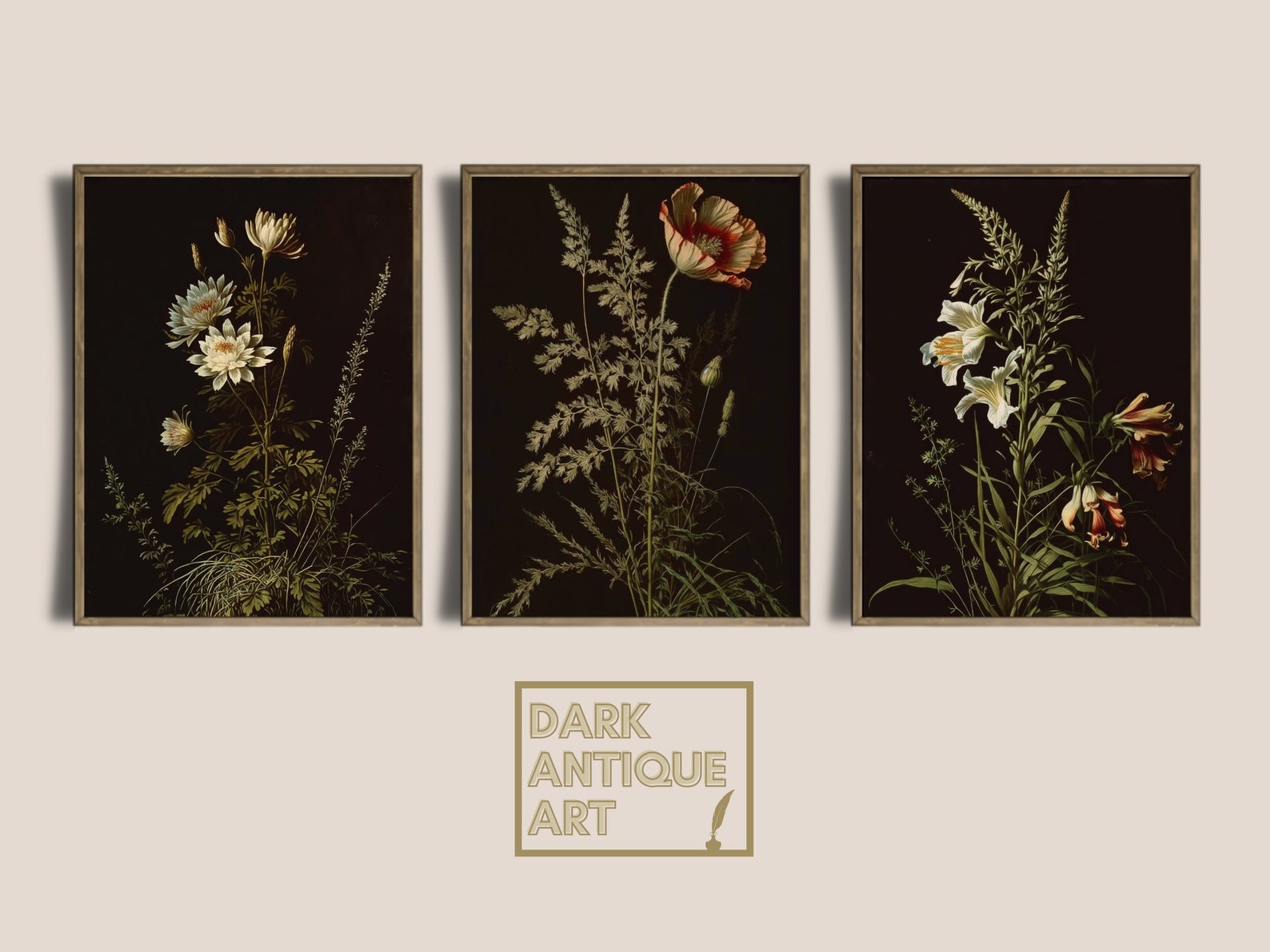 Dark Botanical Gallery Wall Art Moody Floral Print Set 3 - Etsy