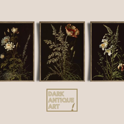 Dark Botanical Gallery Wall Art Moody Floral Print Set 3 - Etsy
