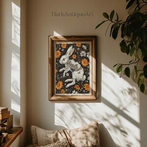 Gothic Nature Art, Macabre Rabbit Skeleton Amidst Dark Floral Bloom ...