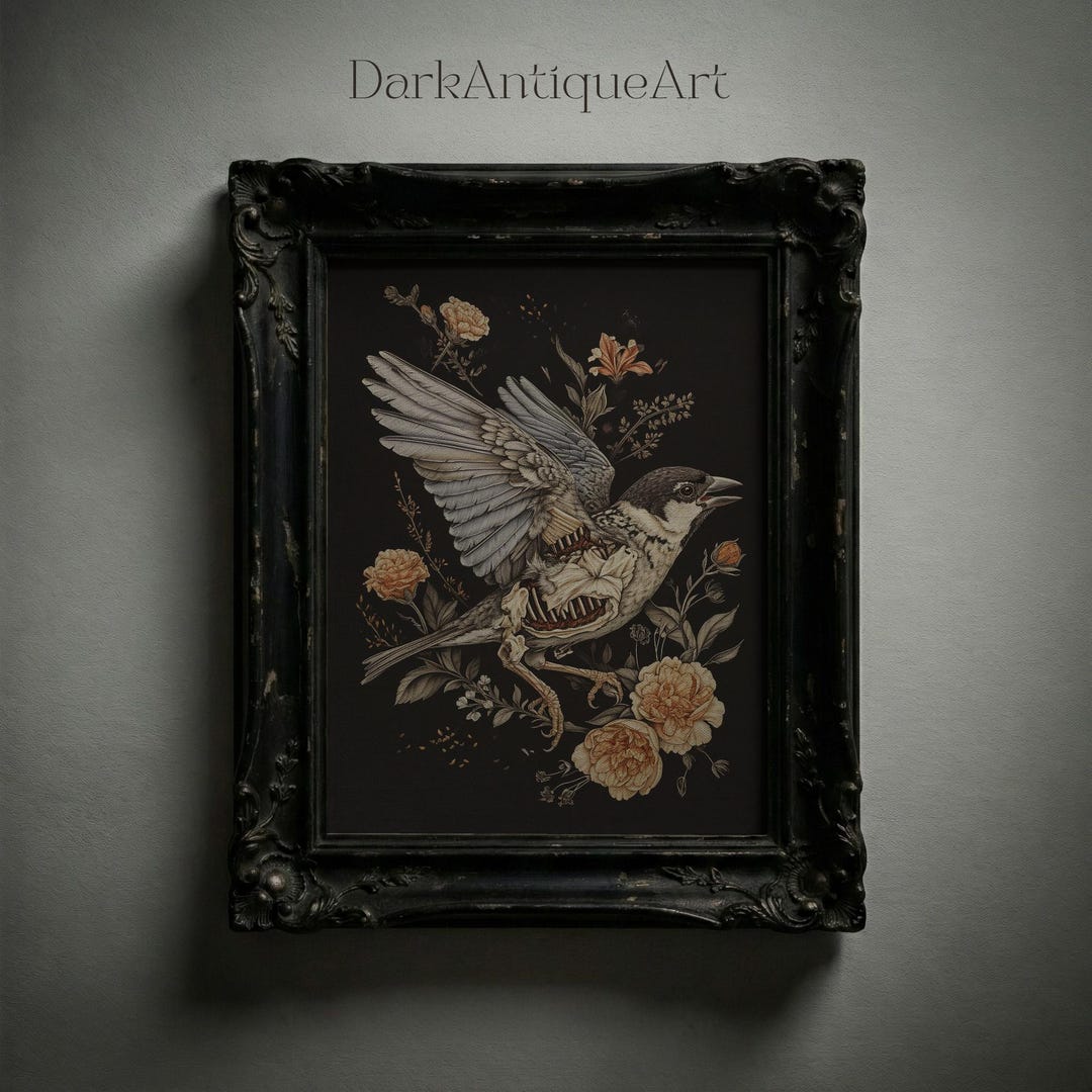 Macabre Bird Floral Print: Gothic Dark Cottagecore Wall Art (digital ...