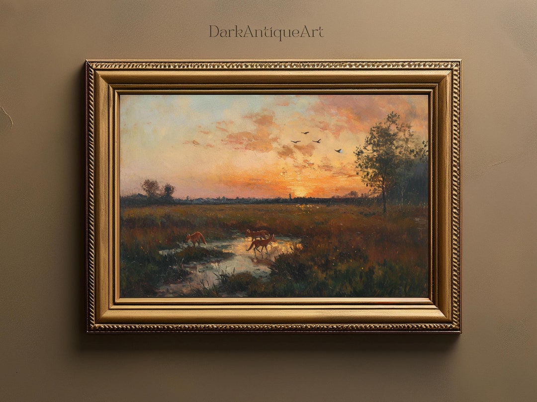 Vintage Landscape Sunset Painting Digital Download Rustic Countryside ...