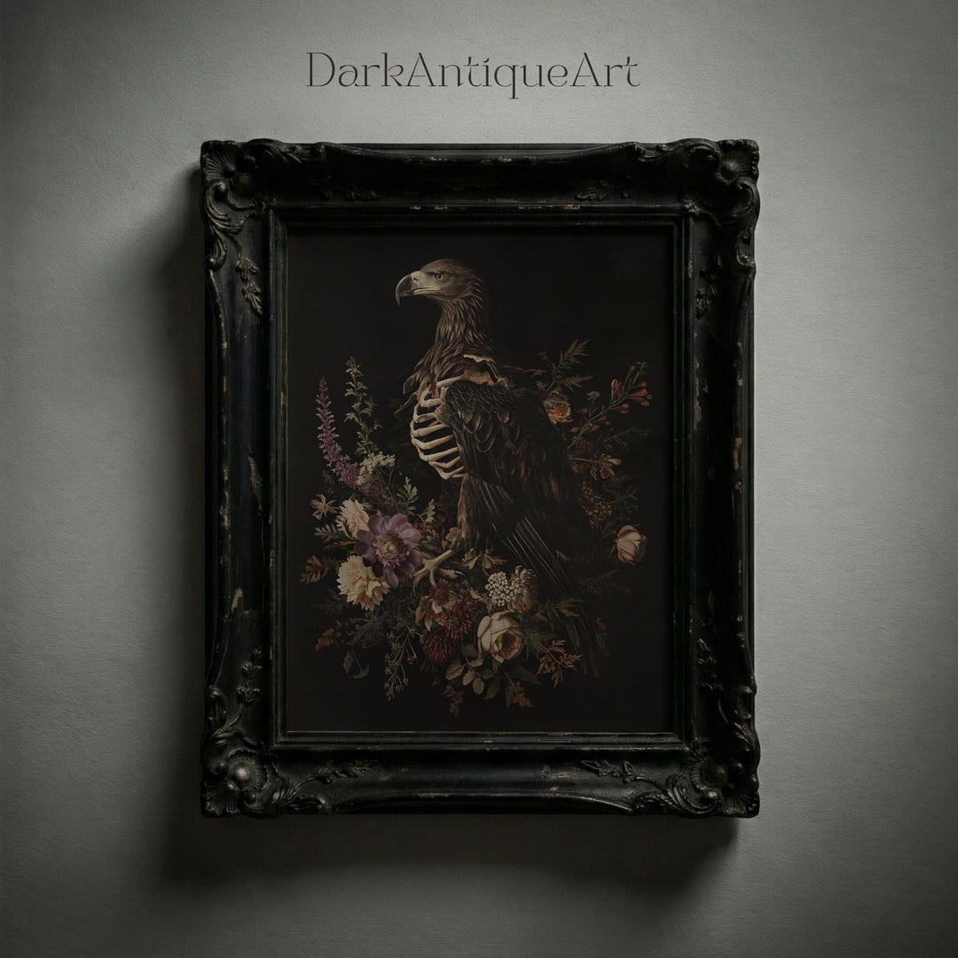 Gothic Eagle Skeleton Print: Dark Floral Macabre Wall Decor (digital ...
