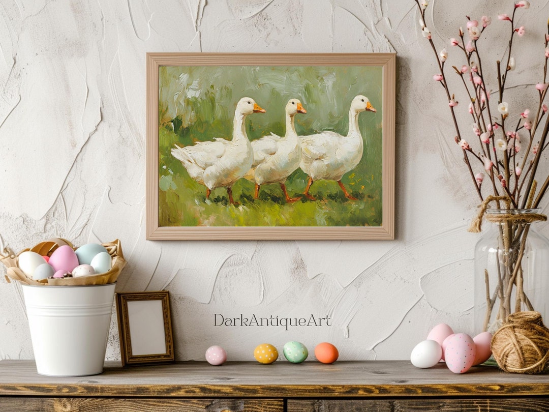 Easter Geese Parade, Vintage Spring Home Decor, Nature Farmhouse Oil ...