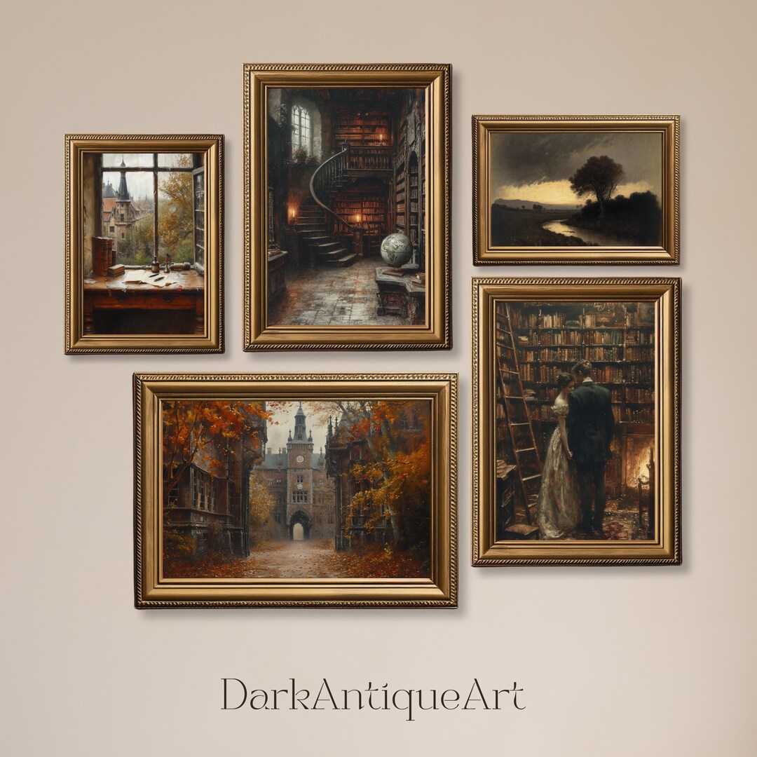 Set of 5 Dark Academia Prints, Library Gallery Wall Set, Antique Oil ...