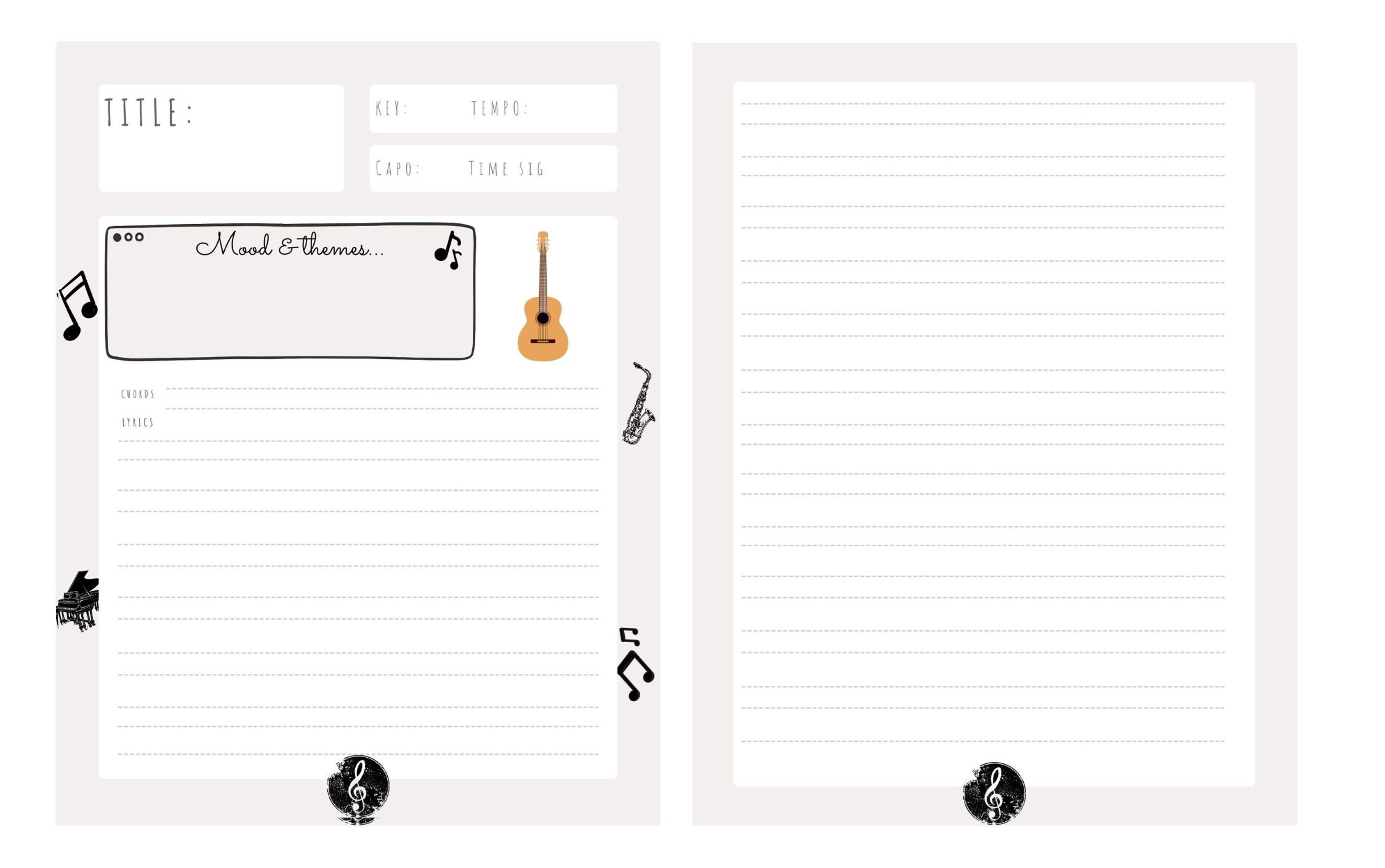 Song Writing Journal Printable, Chord Sheet, Songwriting Template ...