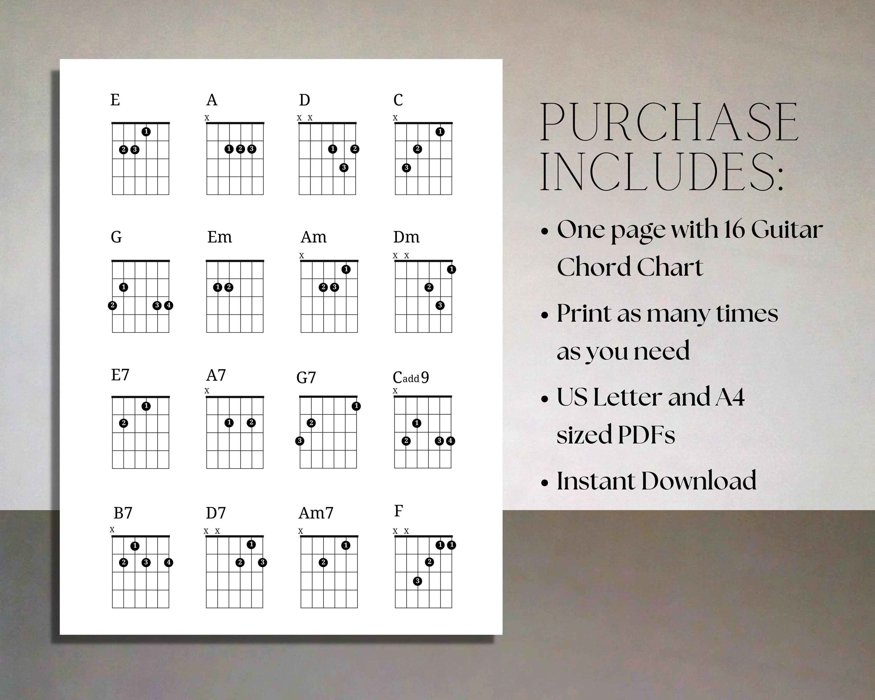 16 Printable Essential Guitar Chords Chart for Beginner Guitarists Printable PDF. Learn to Play ...