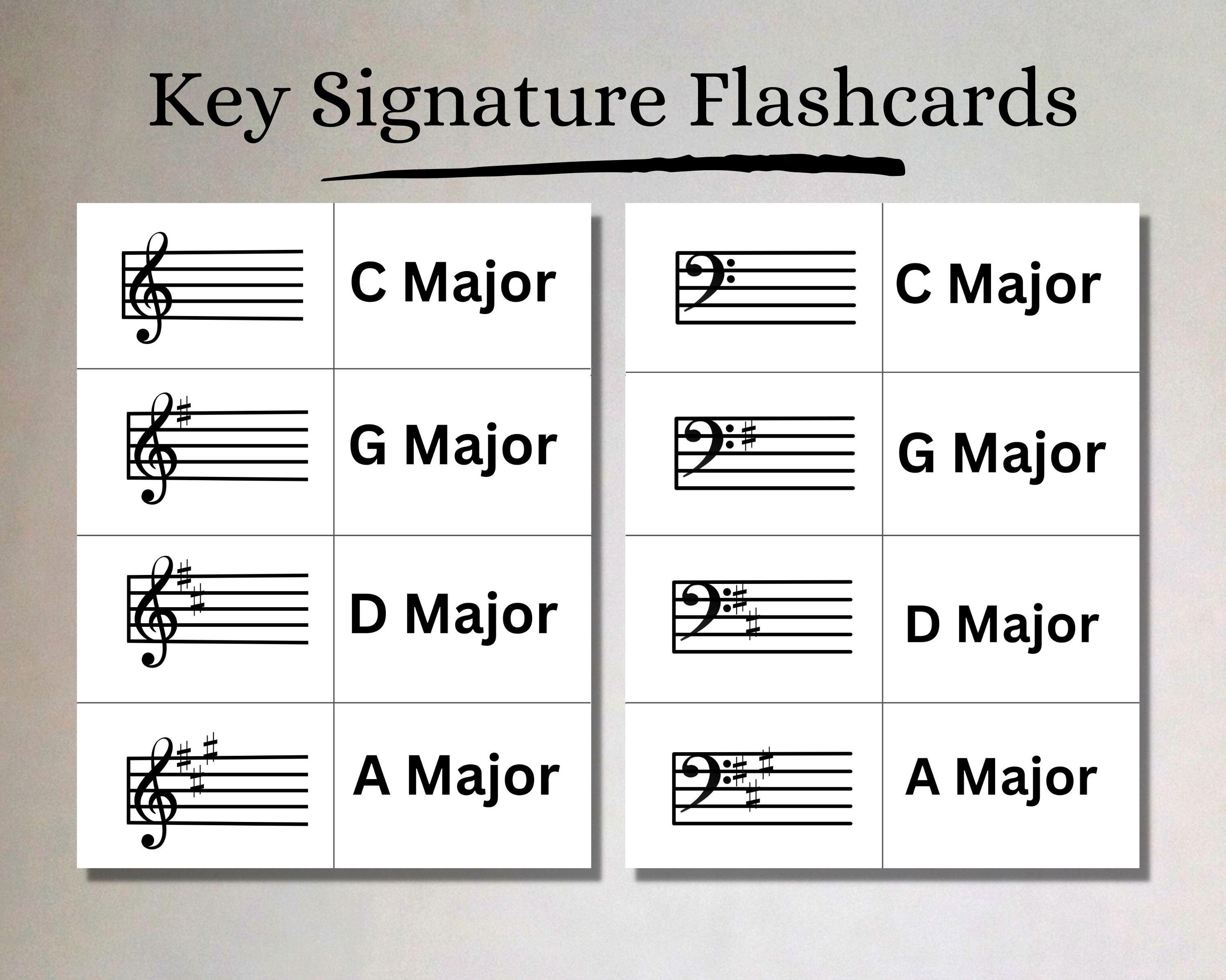 Printable Key Signature Flashcards, Major Keys, Treble and Bass Clef ...