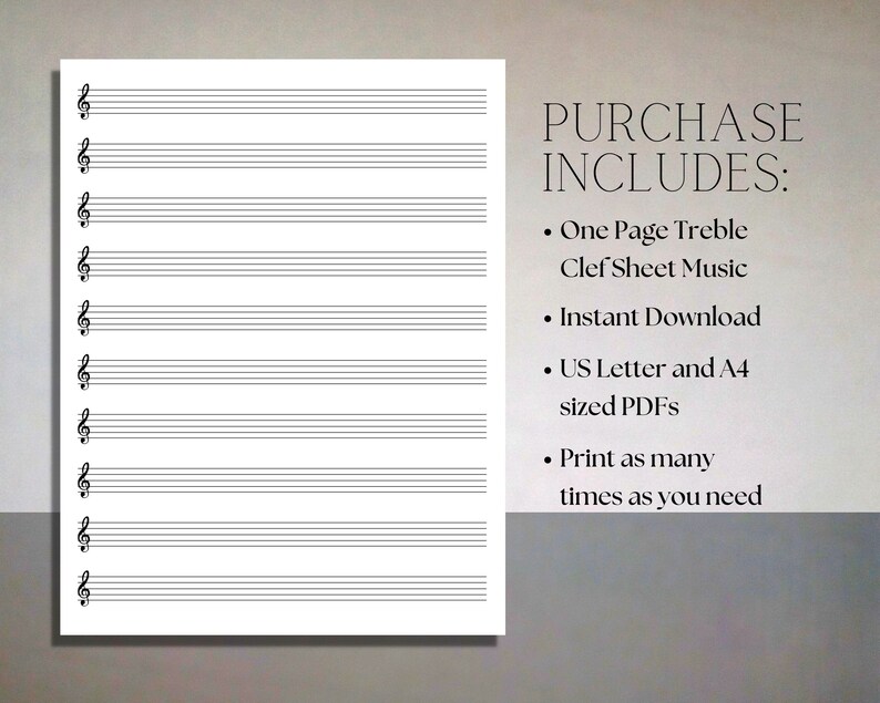 Printable Treble Clef Manuscript Paper: 10 Staves (PDF Instant Download ...