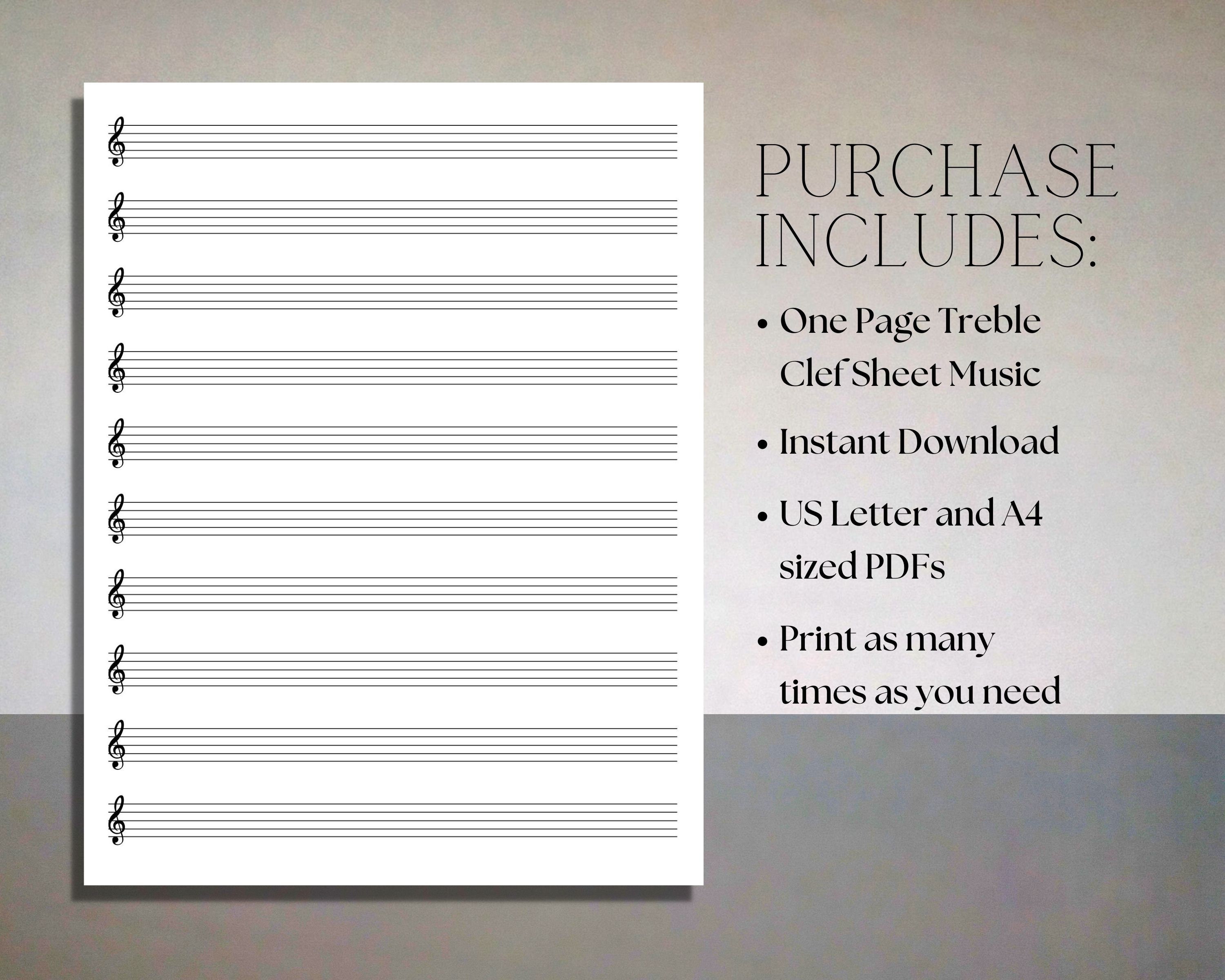 Printable Treble Clef Manuscript Paper: 10 Staves (PDF Instant Download ...