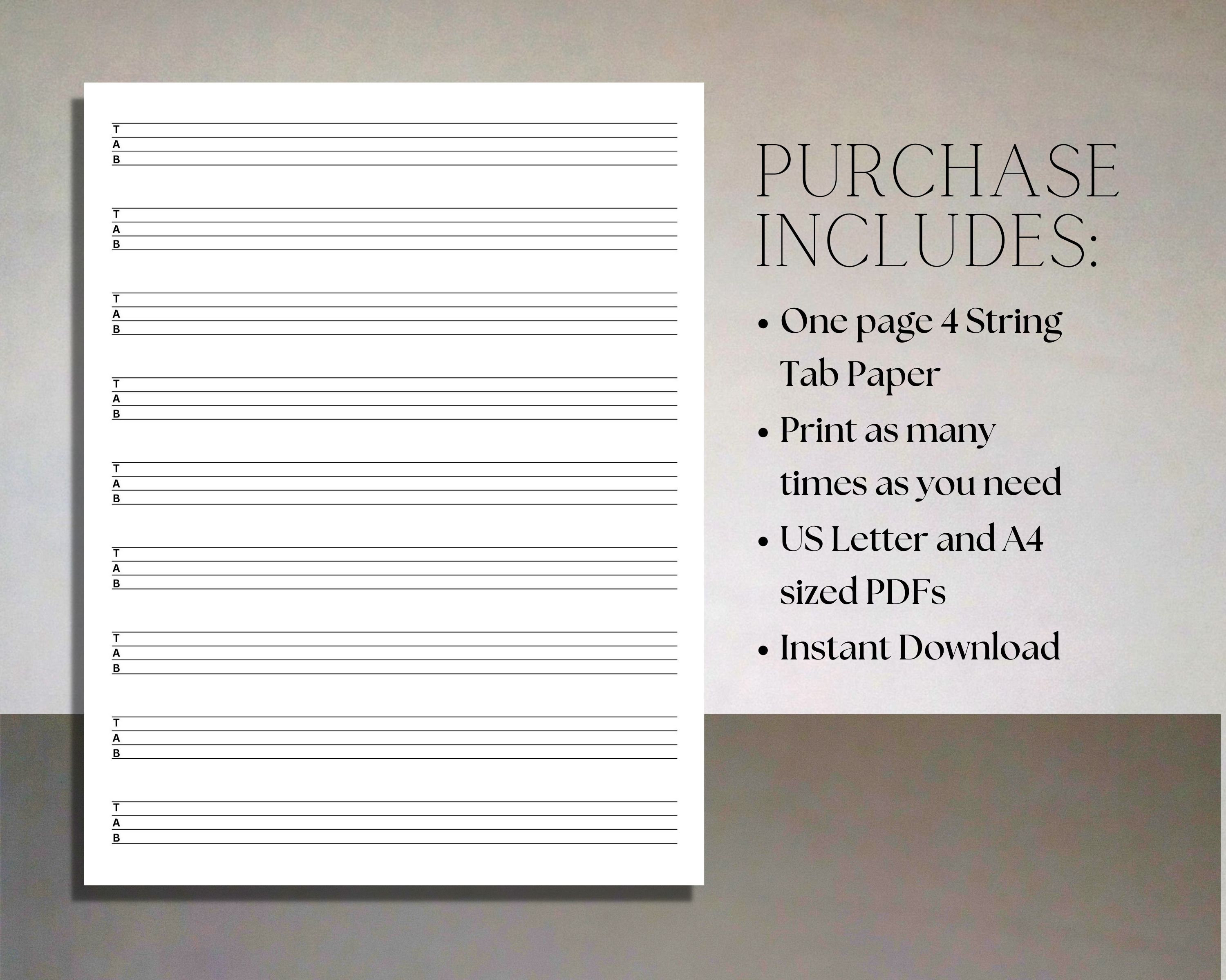 4 String Tab Paper: Bass & Ukulele Blank Sheet (PDF Download) - Etsy