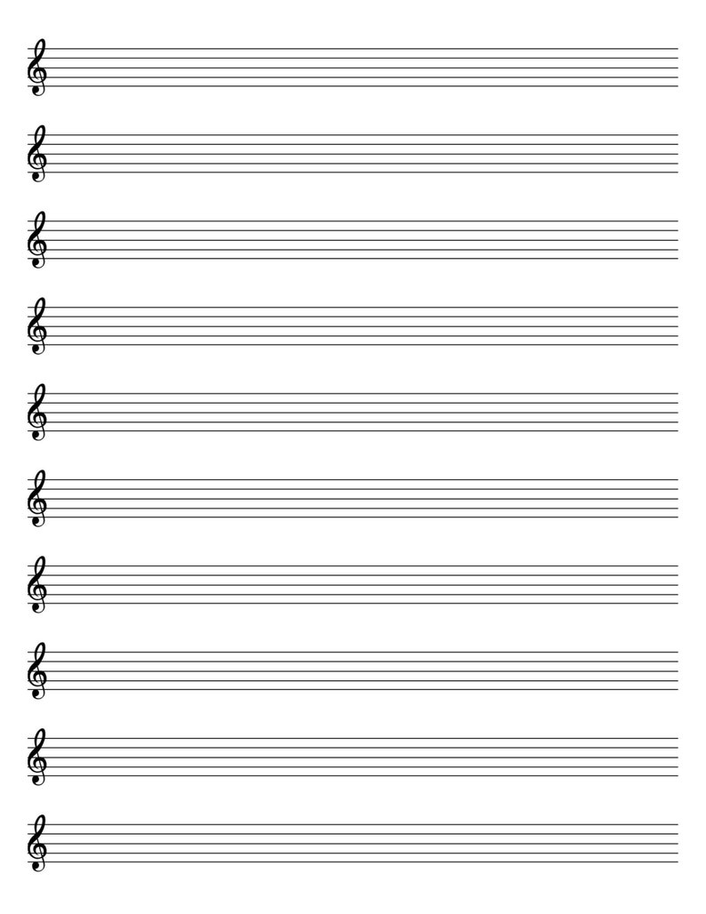 Printable Treble Clef Sheet Music Manuscript Paper, 10 Stave per Page ...