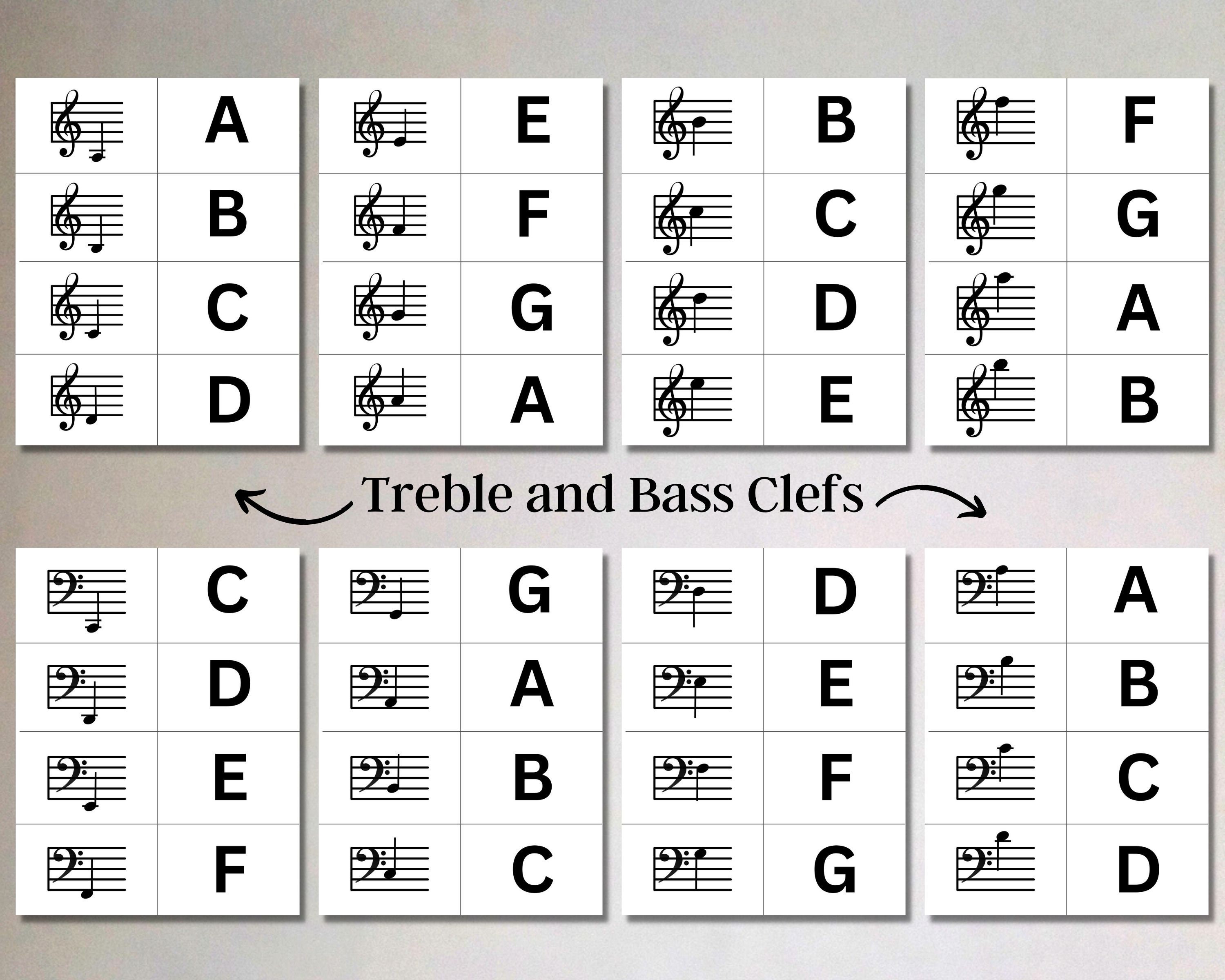 Printable Music Flashcards, Treble and Bass Clef, Music Theory ...