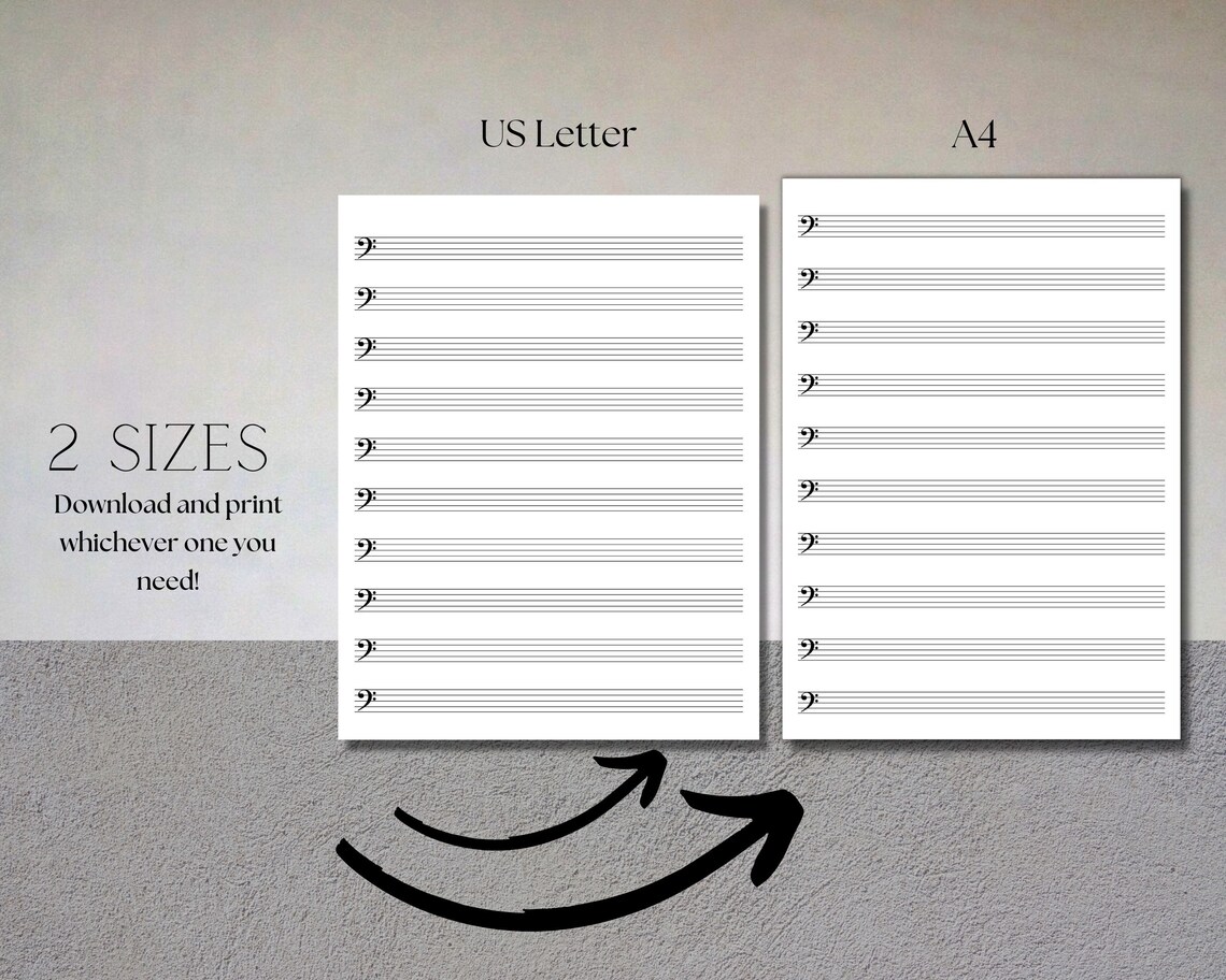 Printable Bass Clef Manuscript Paper: 10 Staves (US Letter & A4) (PDF ...