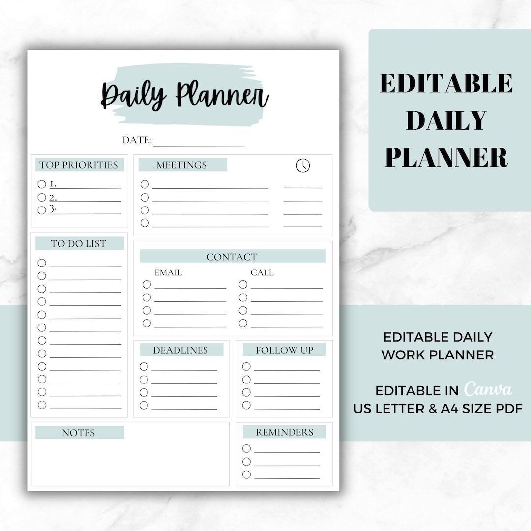 Editable Daily Planner Template Green, Printable Daily Work Planner, to ...