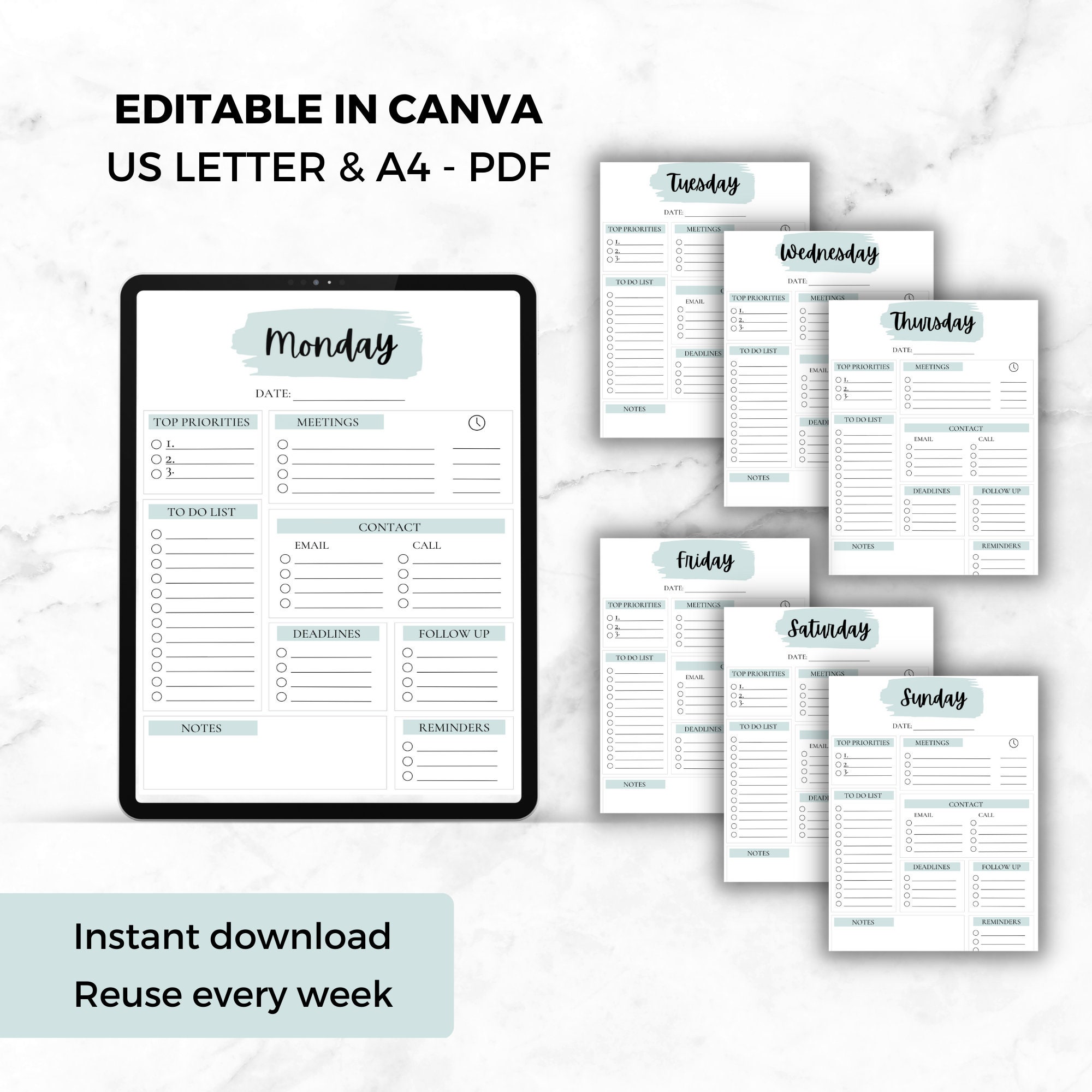 Editable Daily Planner Template Green, Printable Daily Work Planner, to ...