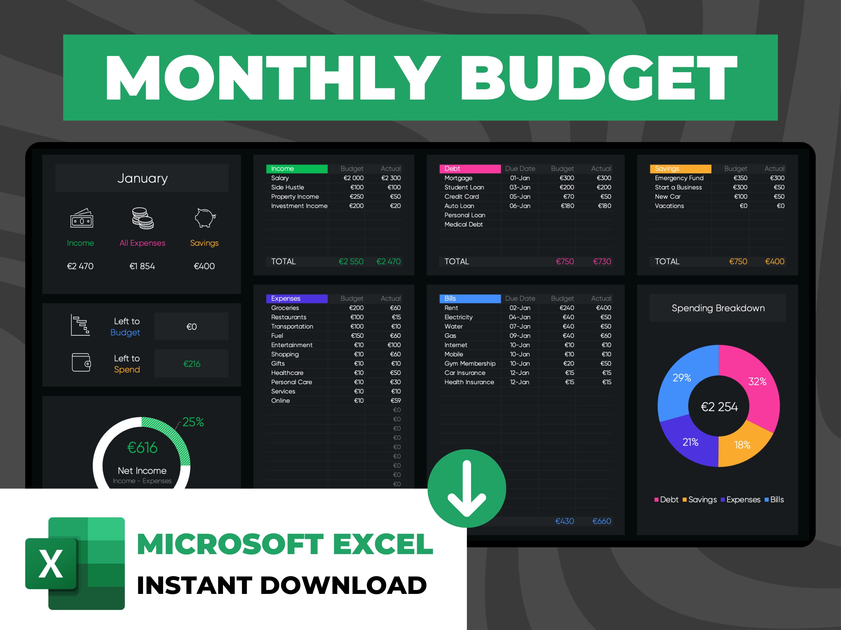 Simple Excel Budget: Monthly Tracker, Easy Finance Management ...