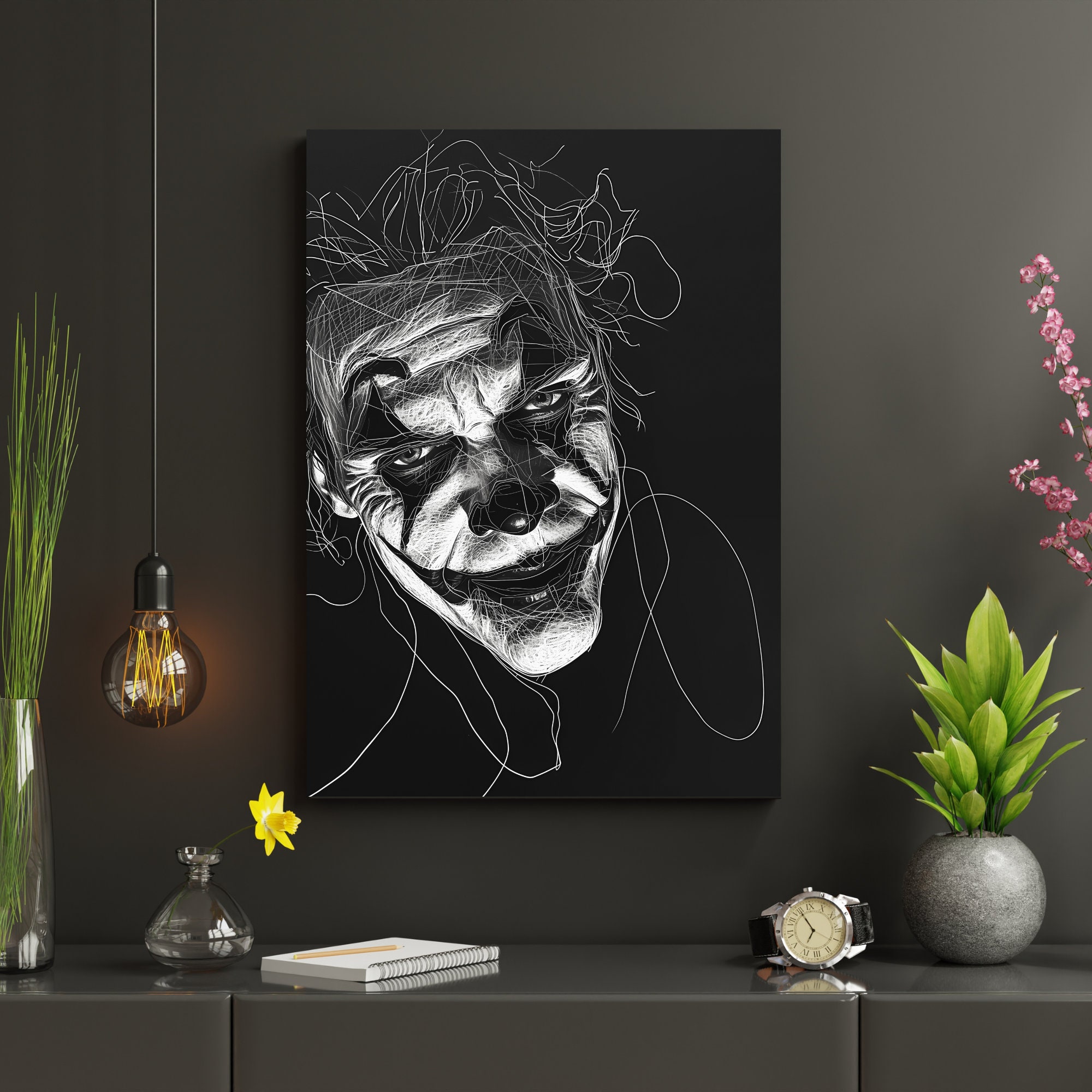 Joker Poster Line Art, Black and White Portrait Print, Aesthetic ...