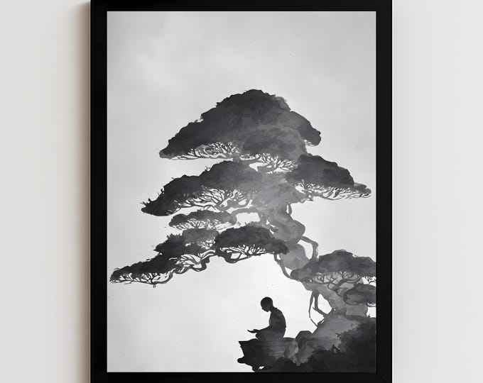 Arte Zen de Meditação com Árvore: Impressão em Tinta Japonesa (Pôster ...