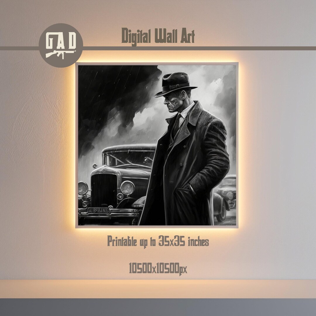 Black and White Mafia Boss Art Print: Classic Car, Gangster Decor ...