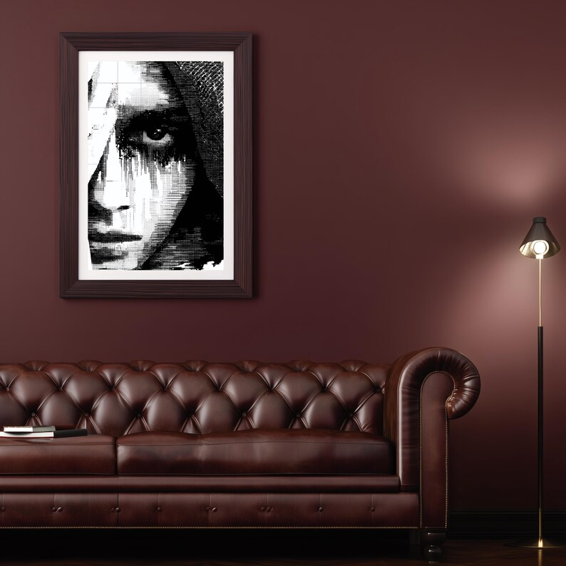 Impressão de retrato feminino em estilo noir, arte abstrata em pixel ...