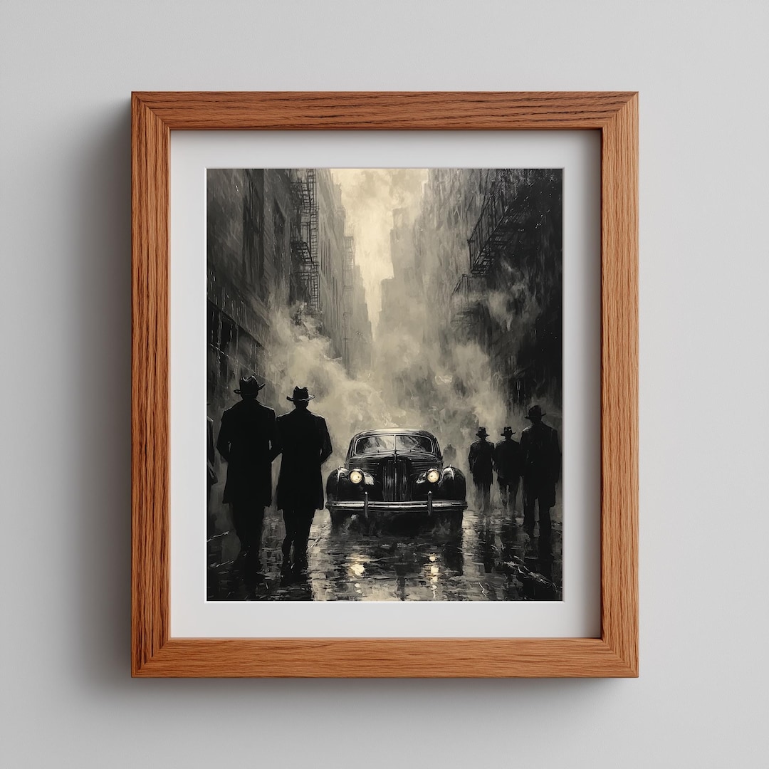 Vintage Organized Crime Scene Art - Noir 1930s Sedan Painting, Moody ...