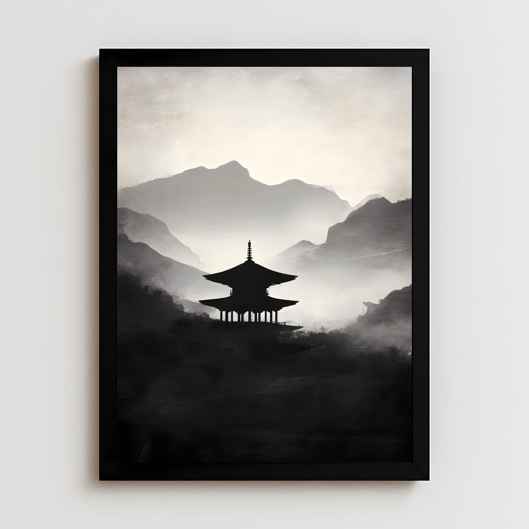 Misty Mountain Pagoda Art : Japanese Ink Temple Landscape for Calm ...
