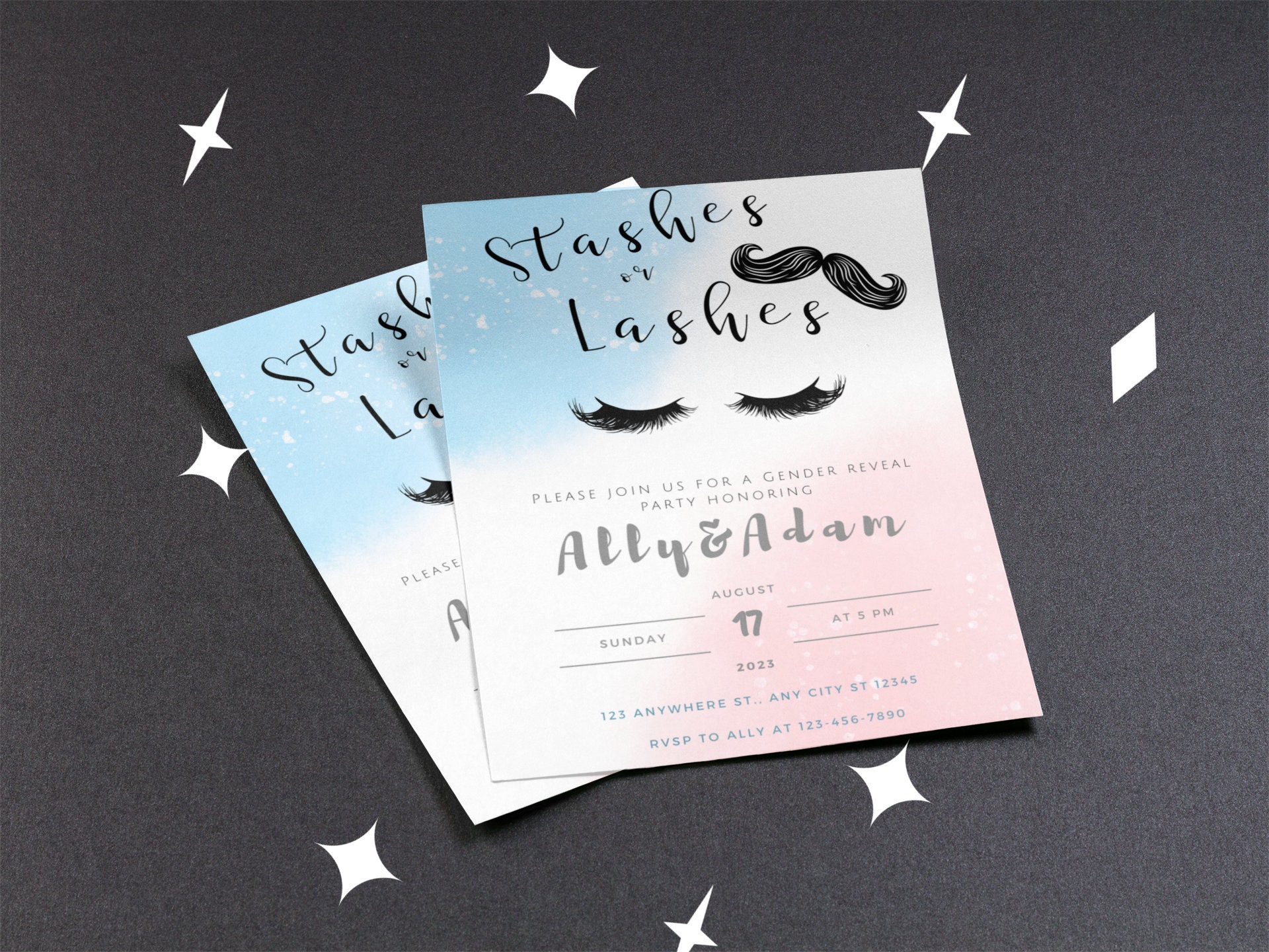 Gender Reveal Invitation Stashes Or Lashes Digital Download Etsy