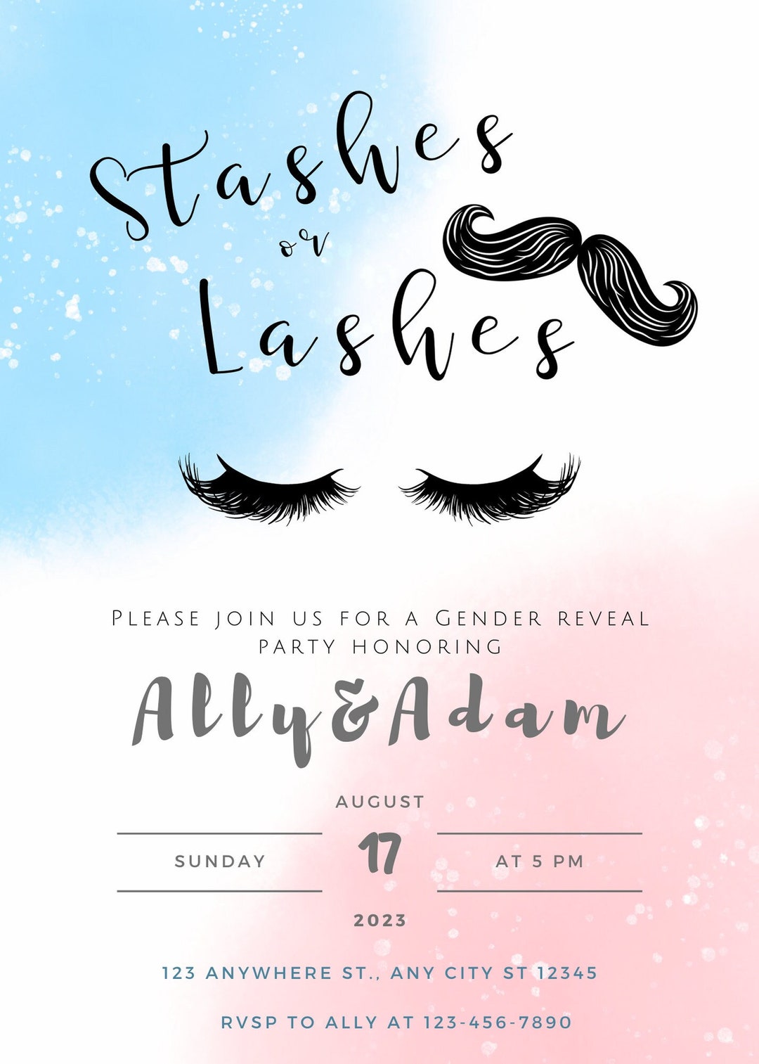 Gender Reveal Invitation Stashes Or Lashes Digital Download Etsy